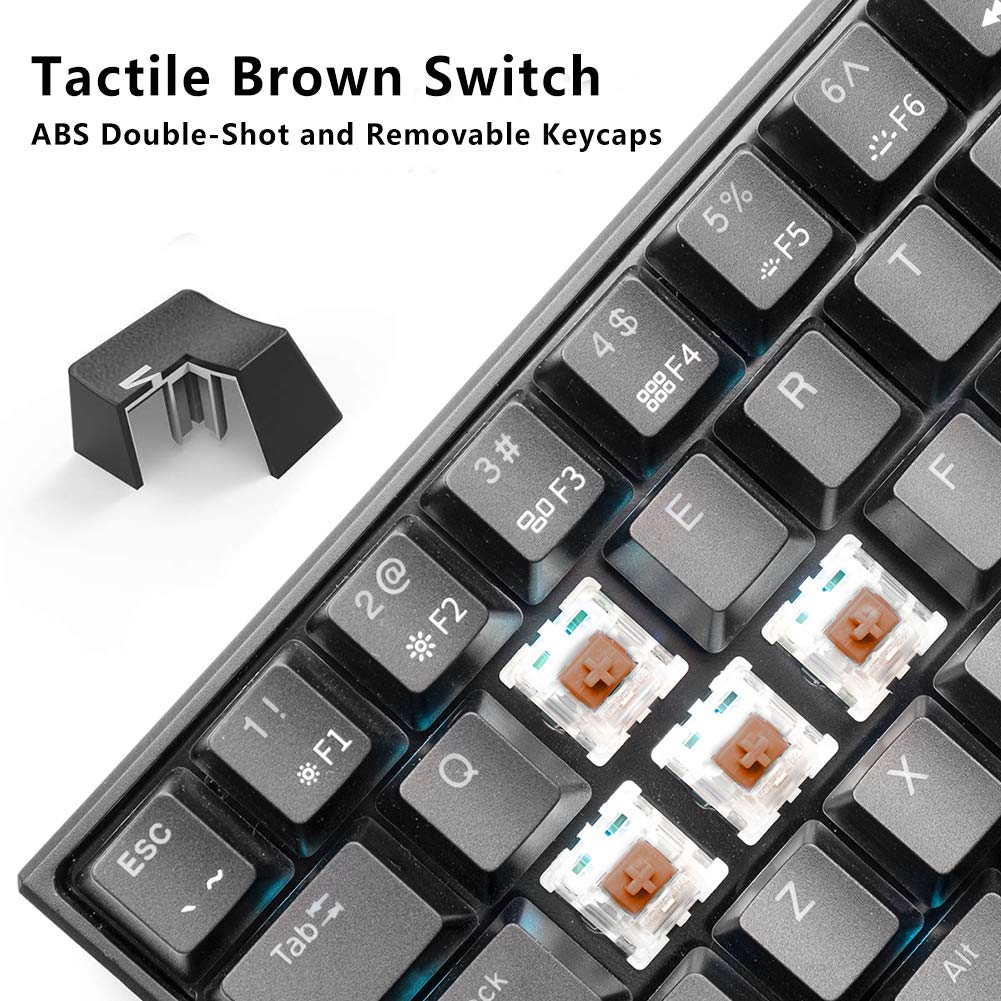 VELOCIFIRE Wireless Bluetooth Mechanical Keyboard, M1 TKL61WS 61-Key 60% Tactile Brown Switch Mini Portable Mechanical Keyboard with Ice Blue Backlit, Compatible with Mac OS and Windows OS(Black)