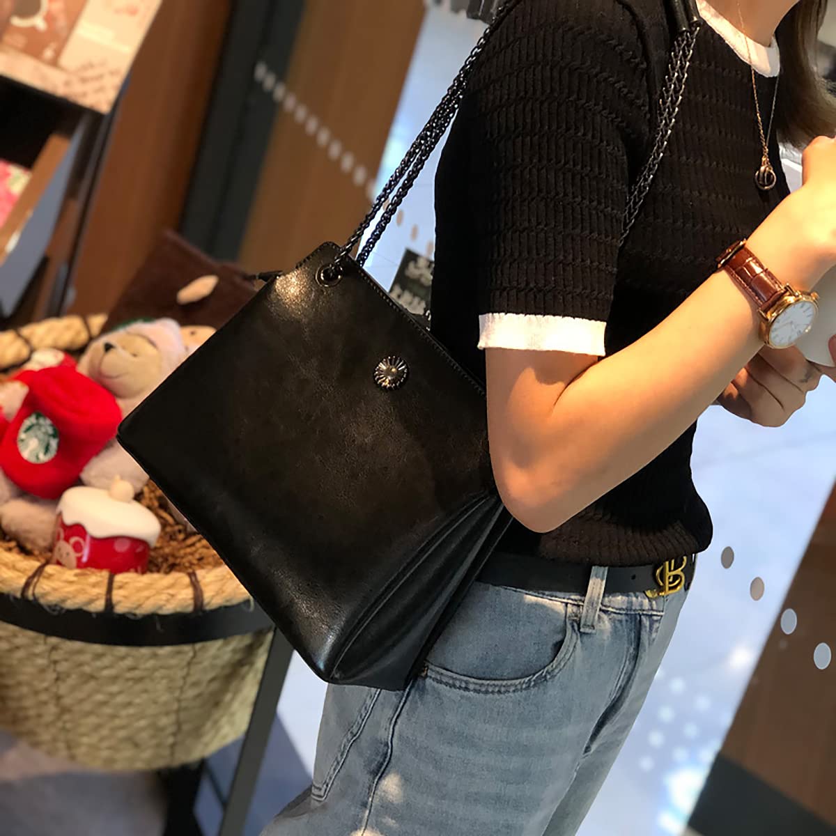 FOXLOVER Leather Shoulder Bags for Women, Medium Ladies Designer Chain Crossbody Bag Multiple Compartments Tote Handbags