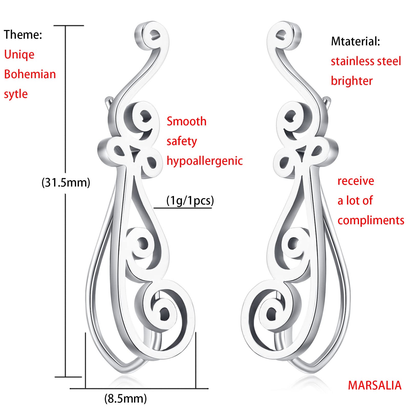 Ear Crawler Earrings Women, Ear Climber Earrings Stainless Steel Celtic Knot Silver Black Gold Rainbow Unique Stud Earrings With 1mm/23g Post (Silver) MARSALIA