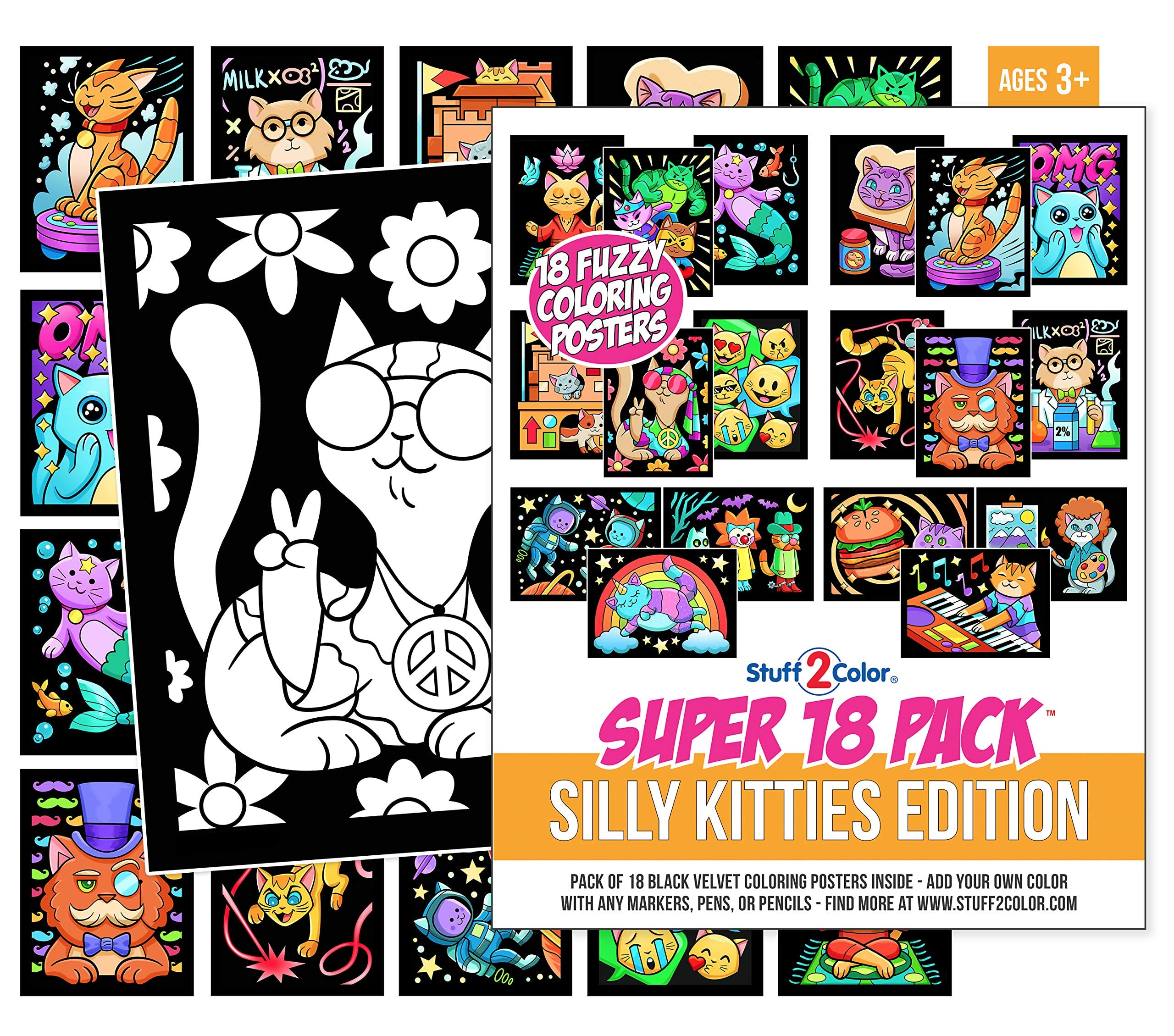 Super Pack of 18 Fuzzy Coloring Posters (Silly Kitties Edition) - Arts & Crafts for Kids, Toddlers, Girls, Boys & Adults - Great for Family Fun Activities or Coloring with Friends (1 Pack)