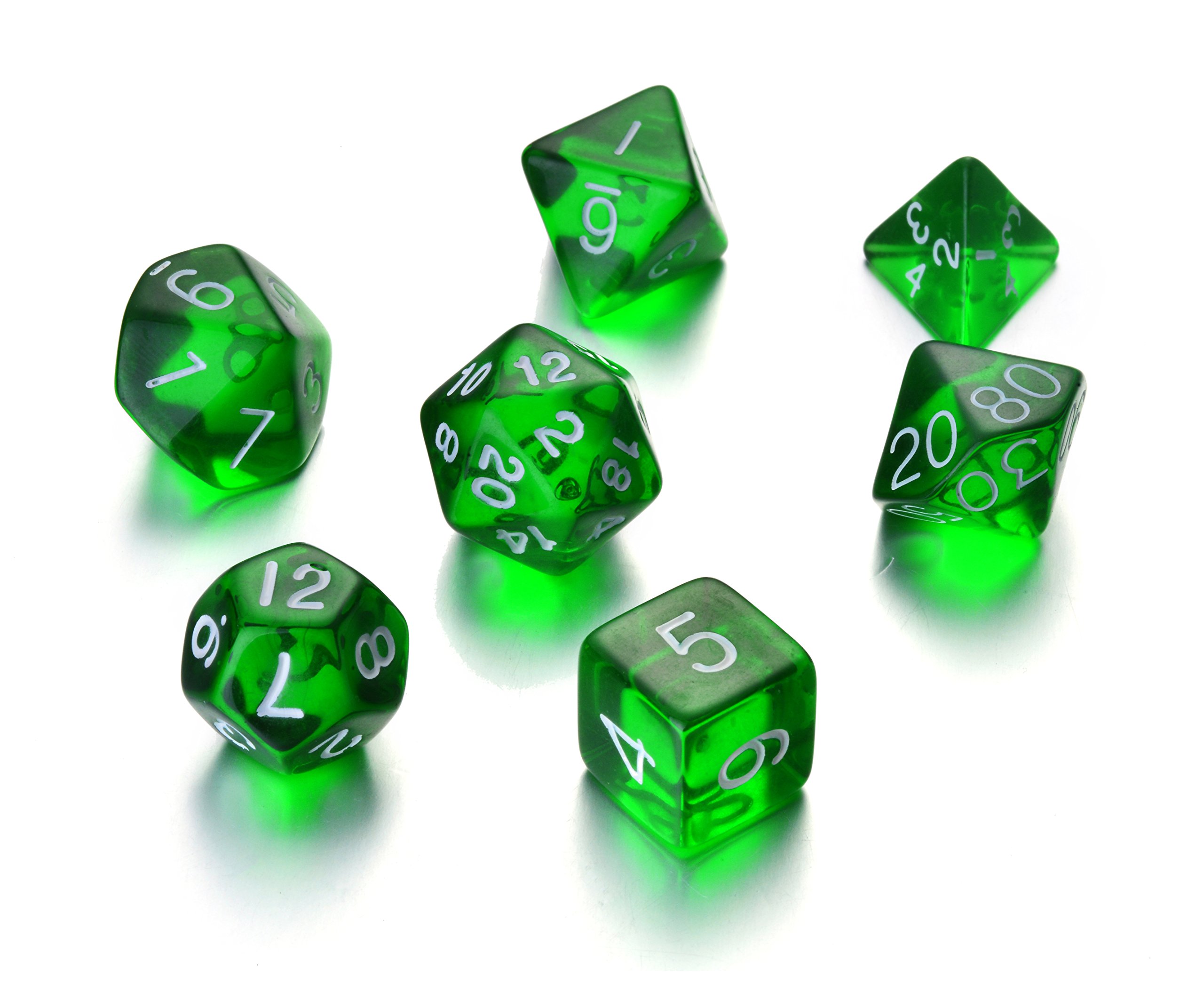 REINDEAR 7 Die Polyhedral Role Playing Game Dice Set with Velvet Pouch (Transparent Dark Green)
