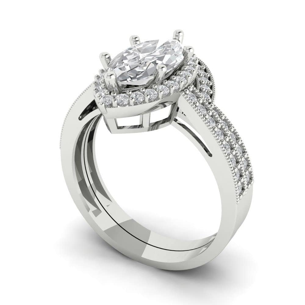 Clara Pucci 2.48ct Marquise Cut Genuine Zircon 14k White Gold Halo Solitaire W/Accents Wedding Bridal Engagement Set Ring Size 3.5