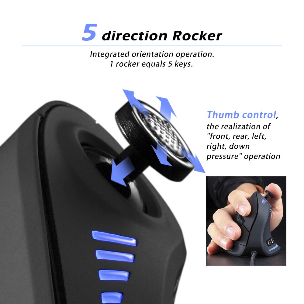 Vertical Mouse, Ergonomic USB Wired Vertical Mouse with [5 D Rocker] [10000 DPI] [11 Programmable Buttons], RGB Gaming Mouse for Gamer/PC/Laptop/Computer