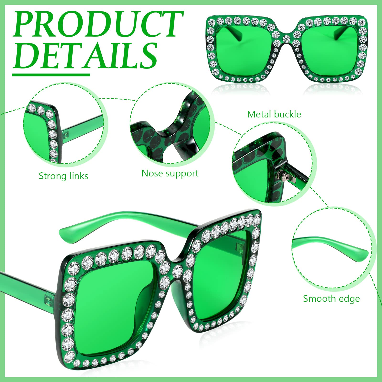 Ecally 3 Pairs St. Patrick's Day Glasses Green Square Rhinestone Sunglasses Oversized Disco Sunglasses Accessories for Women Men Irish Day Party Gift