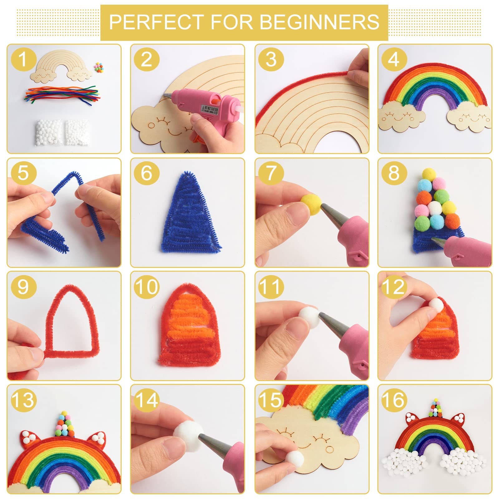 FREEBLOSS 4 Set Wooden Rainbow DIY Craft Art Supply Kits with Craft Cleaners and Foam Pom Poms, Projects Crafting Activity
