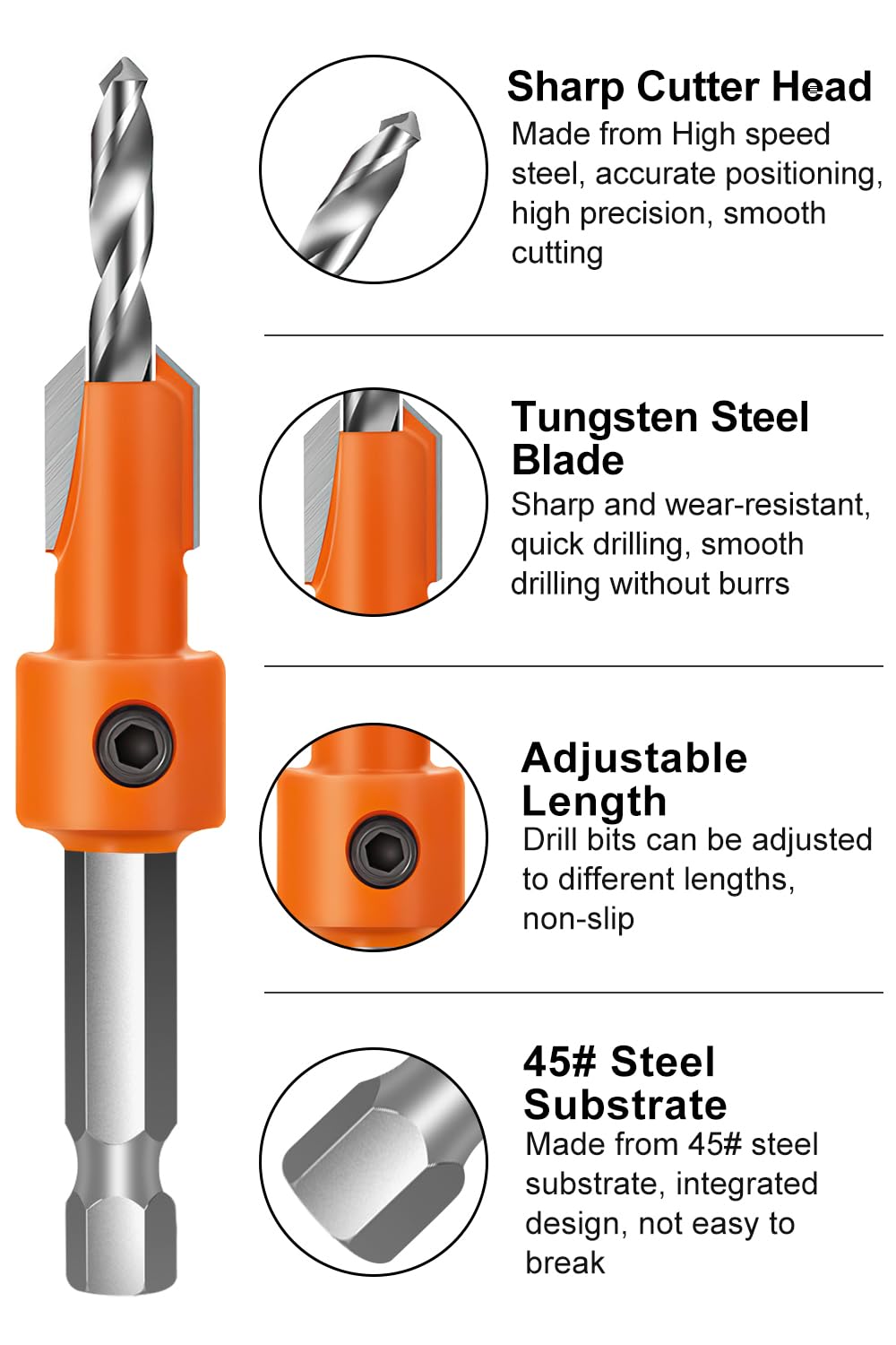 Lytool Countersink Drill Bit Set,5Pcs Counter Sink Drill Bit for Wood,1/4" Hex Shank Tapered Drill Bits for Woodworking and Carpentry,Quick Change and Allen Wrench for Woodworking,Pilot Screw Hole Set