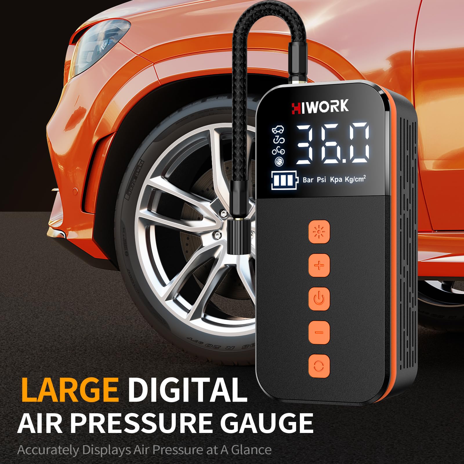 HIWORK 12V Air Compressor, Tire Inflator Portable Air Pump 150 PSI 12V DC Electric Inflator for Car Tires Bikes Balls Balloons and Other Inflatables with Digital Gauge and SOS Light