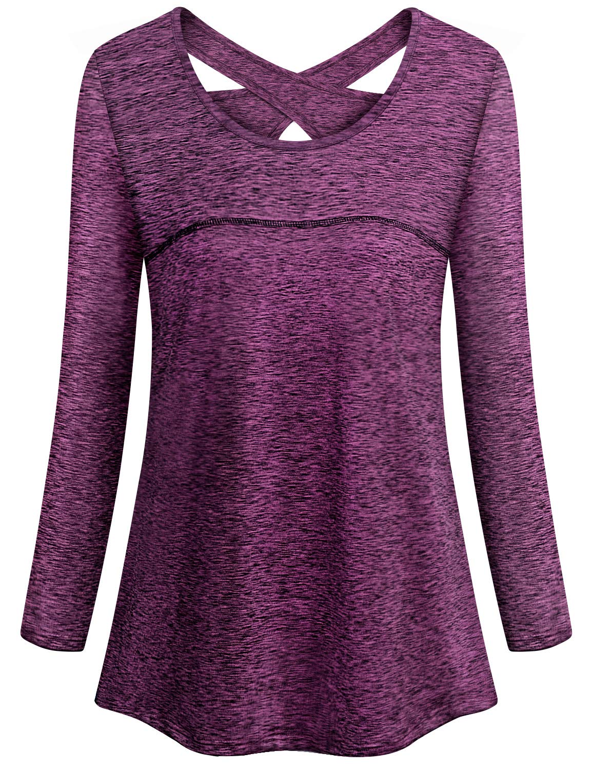 Cucuchy Womens Yoga Tops Casual Flowy Long Sleeve Criss Cross Back Workout Shirts (Large, Purple Red-2)