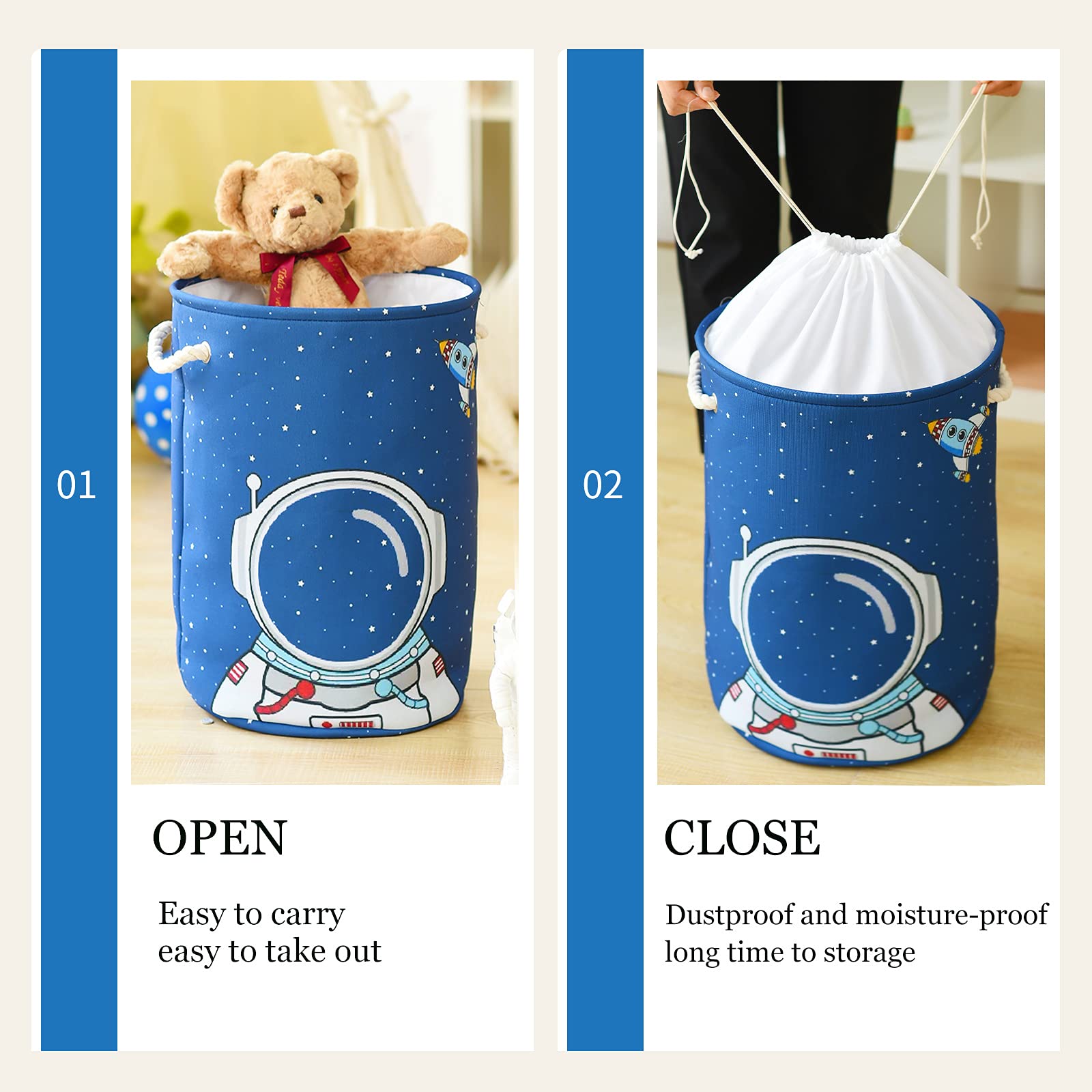 INough Kids Laundry Hamper for Boys, Toy Box Baby Hamper Laundry Baskets, Boys Room Decor Large Collapsible Waterproof Round Linen Laundry Hamper with Handles for Playroom, Bedroom (Astronaut)