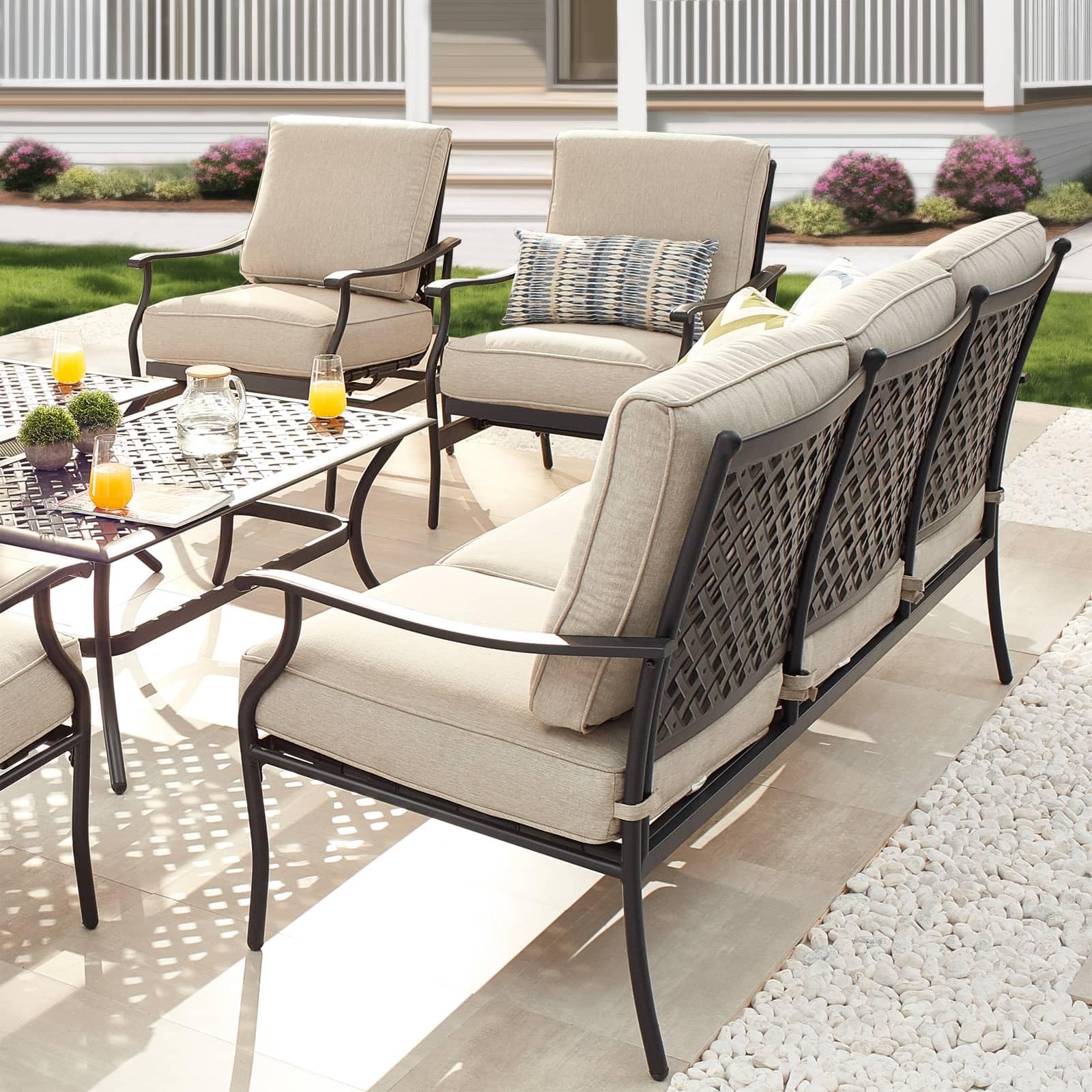 PatioFestival Patio Conversation Set 6 Pieces Metal Outdoor Furniture Seating Sets with Beige Thick Cushions, Rocking Chairs & Coffee Table & Loveseat