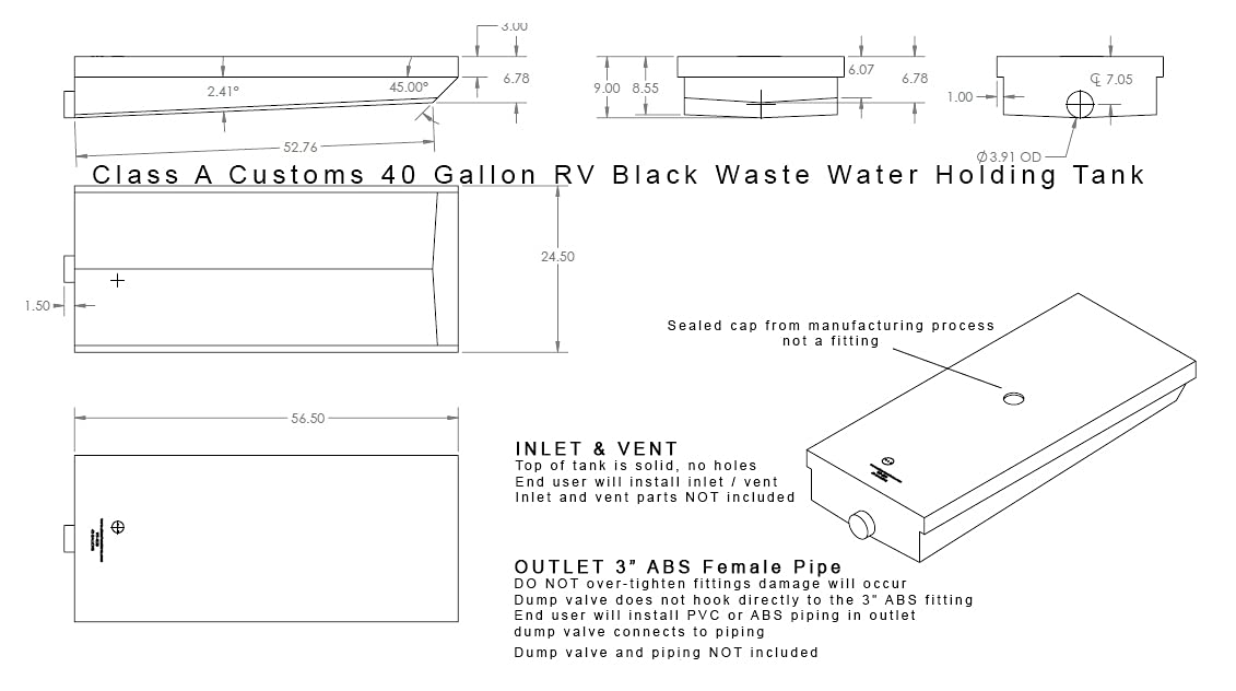 Class A Customs 40 Gallon RV Waste Black Water Holding Tank WT-4000