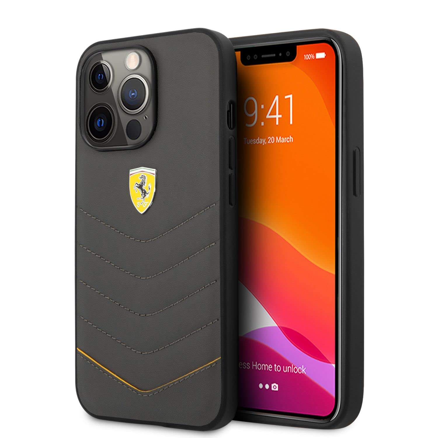 CG MOBILE Ferrari Phone Case for iPhone 13 Pro in Gray with Quilt & Yellow Edge, Real Leather Protective & Durable Case with Easy Snap-on, Shock Absorption & Signature Logo