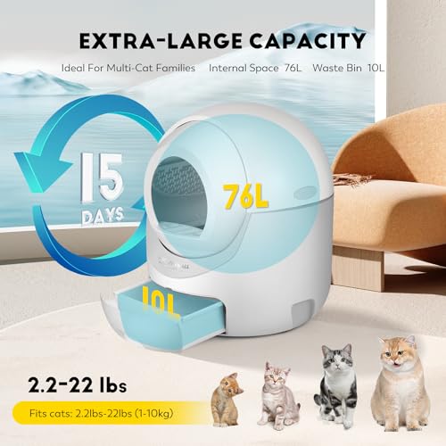 CGOLDENWALL Self Cleaning Cat Litter Box, Automatic Cat Litter Box for Multi Cats from 2lb to 22lb, Extra Large Cat Litter Robot with Smart App Control/Odor Removal/Safety Protection/Garbage Bags/Mat