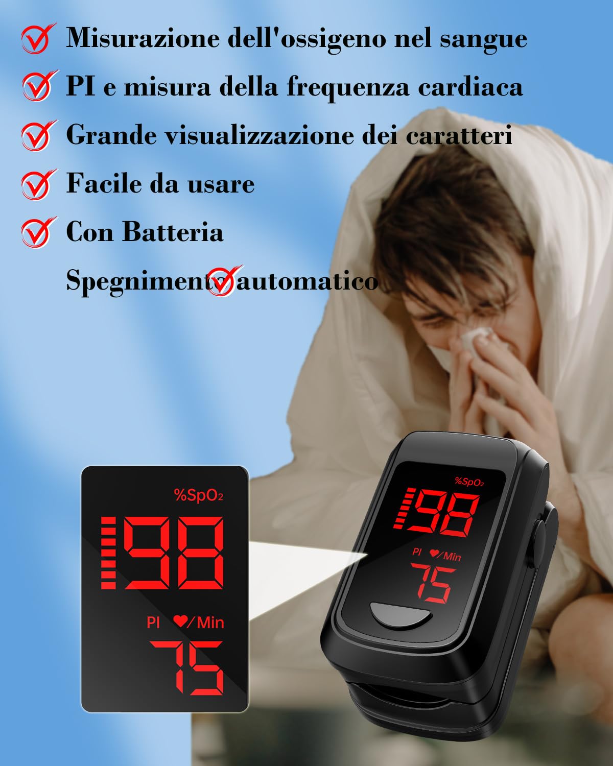Fingertip Pulse Oximeter- Mini Oximeter Oxygen Saturation Monitor for SpO2/Heart Rate/PI, with Auto Graph Display/Flash Reminder