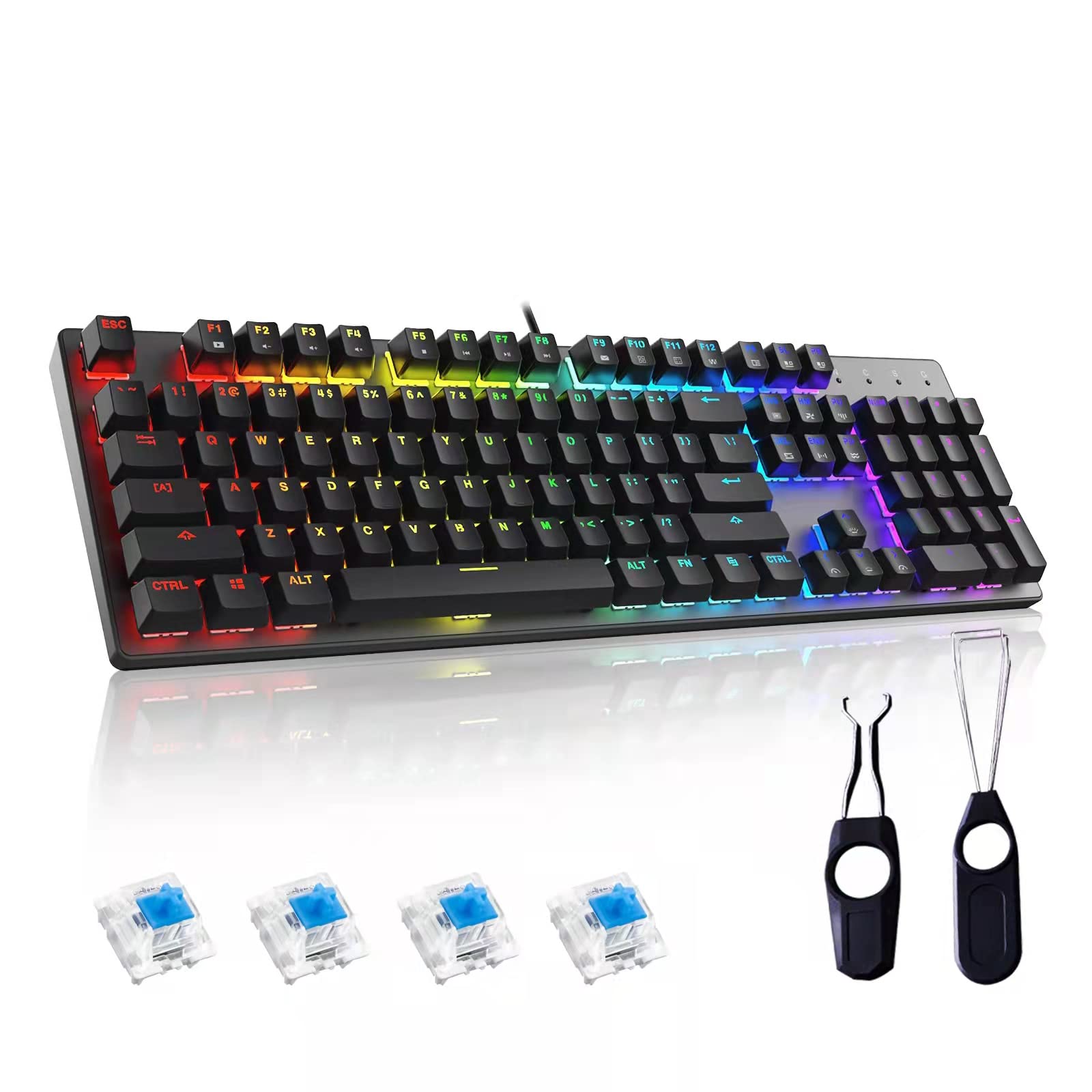 PC Gaming Keyboards RGB Backlit Mechanical Keyboard ABS keycap Programmable Macro Detachable USB Wired Keyboard for Windows PC(104 Keys Blue Switch