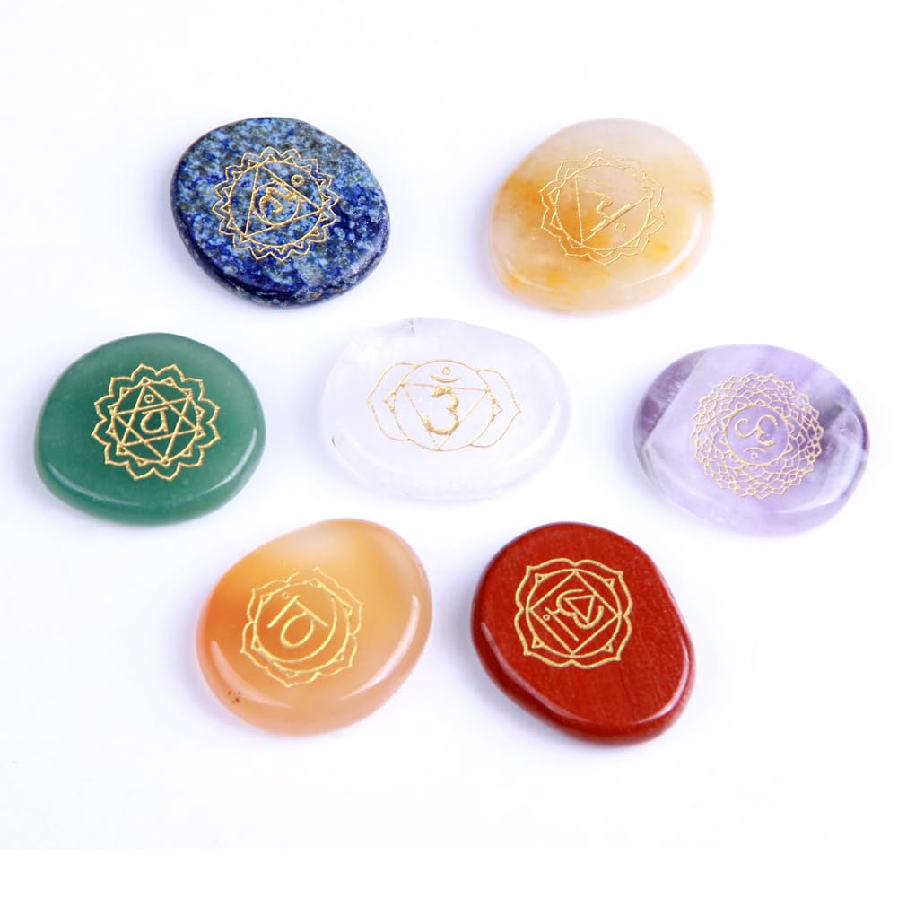 Chakra Stones-Reiki Healing Crystal With Engraved Chakra Symbols Holistic Balancing Polished Palm Stones Set of 7