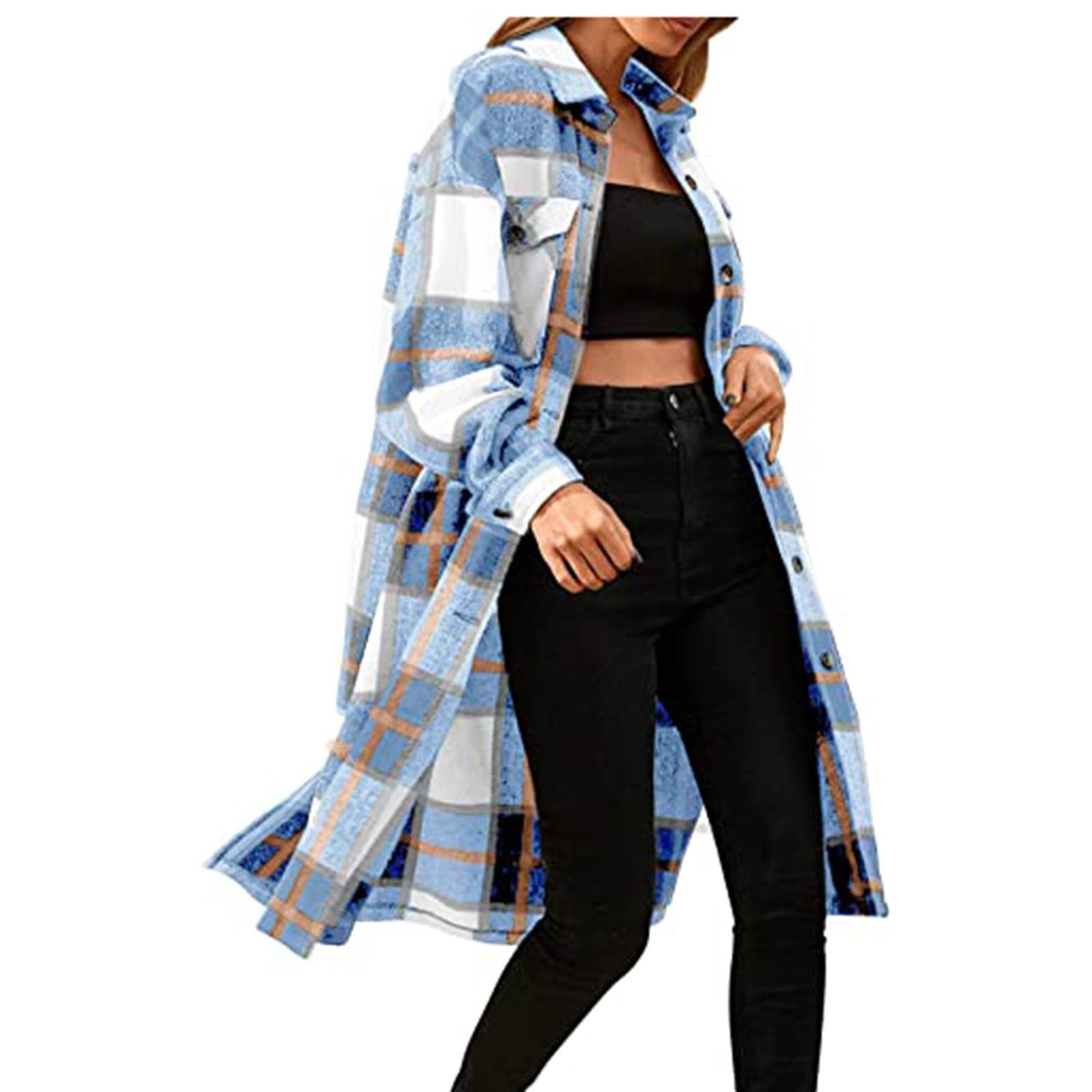 Echoollly Women's Plaid Long Shacket Casual Woolen Blend Lapel Button Down Shirts Jacket Winter Loose Oversize Coat Outerwear, Light Blue, X-Large