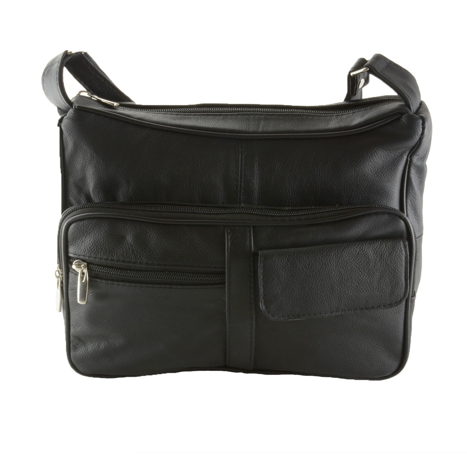 Women's Leather Organizer Purse Shoulder Bag Multiple Pockets Cross Body Handbag (Black) Regular