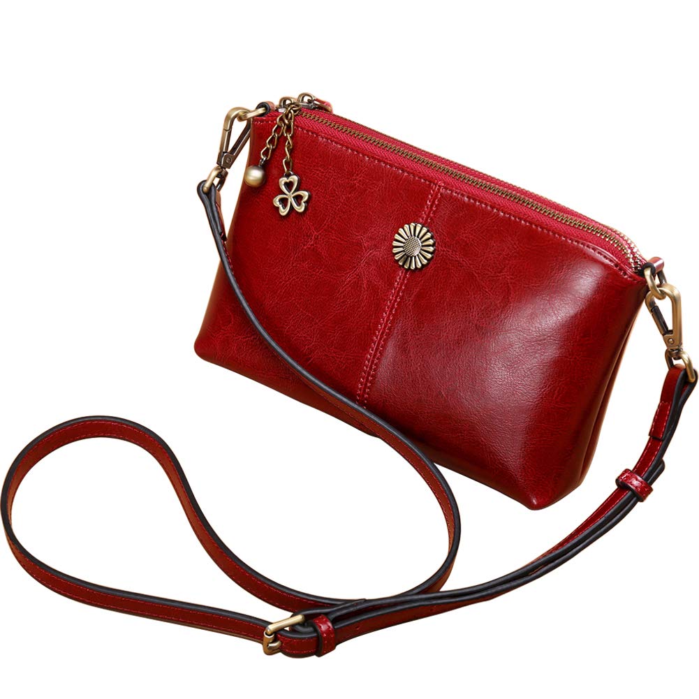 Women's Leather Wristlet Clutch Crossbody Bag, Small Shoulder Bag Cross Body Handbag Purse (Red)
