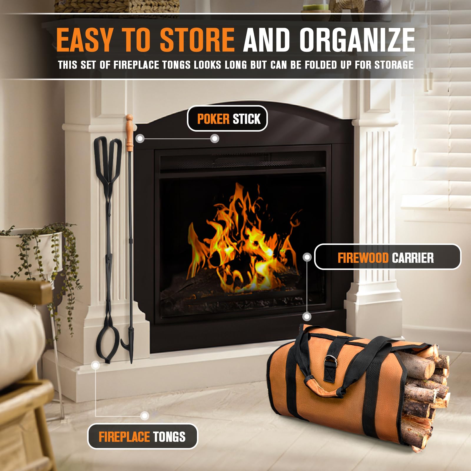Firewood Carrier + Fire Poker + Fireplace Tongs - Fire Pit Tools for Indoor and Outdoor Use, Log Carrier for Firewood, 32 Inch Fire Poker, 26 Inch Fire Tongs, Fireplace Tools
