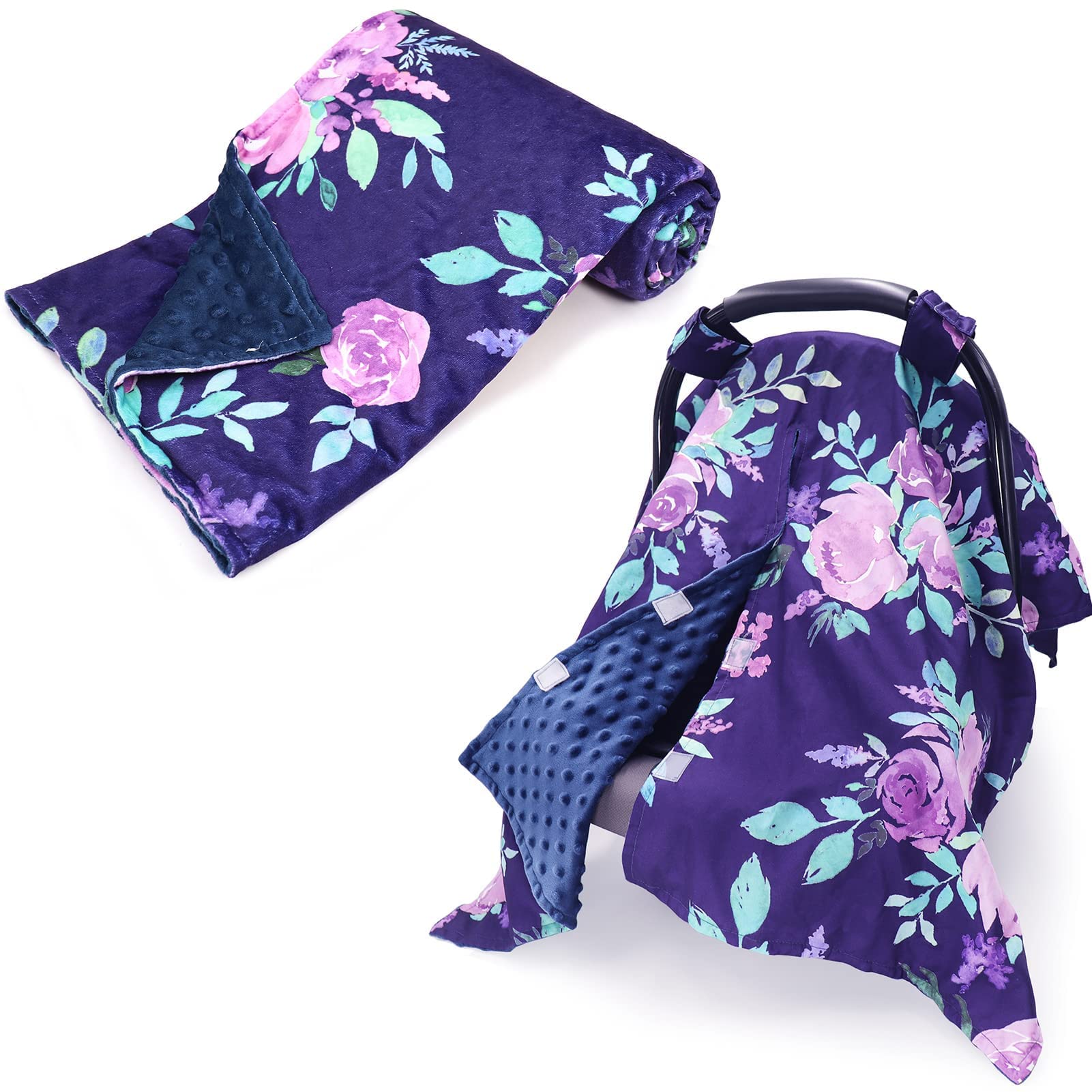 Peekaboo Opening Car Seat Cover & Minky Toddler Blanket for Boys Girls, Purple Flower Car seat Canopy Baby Blankets, Soft Fabric