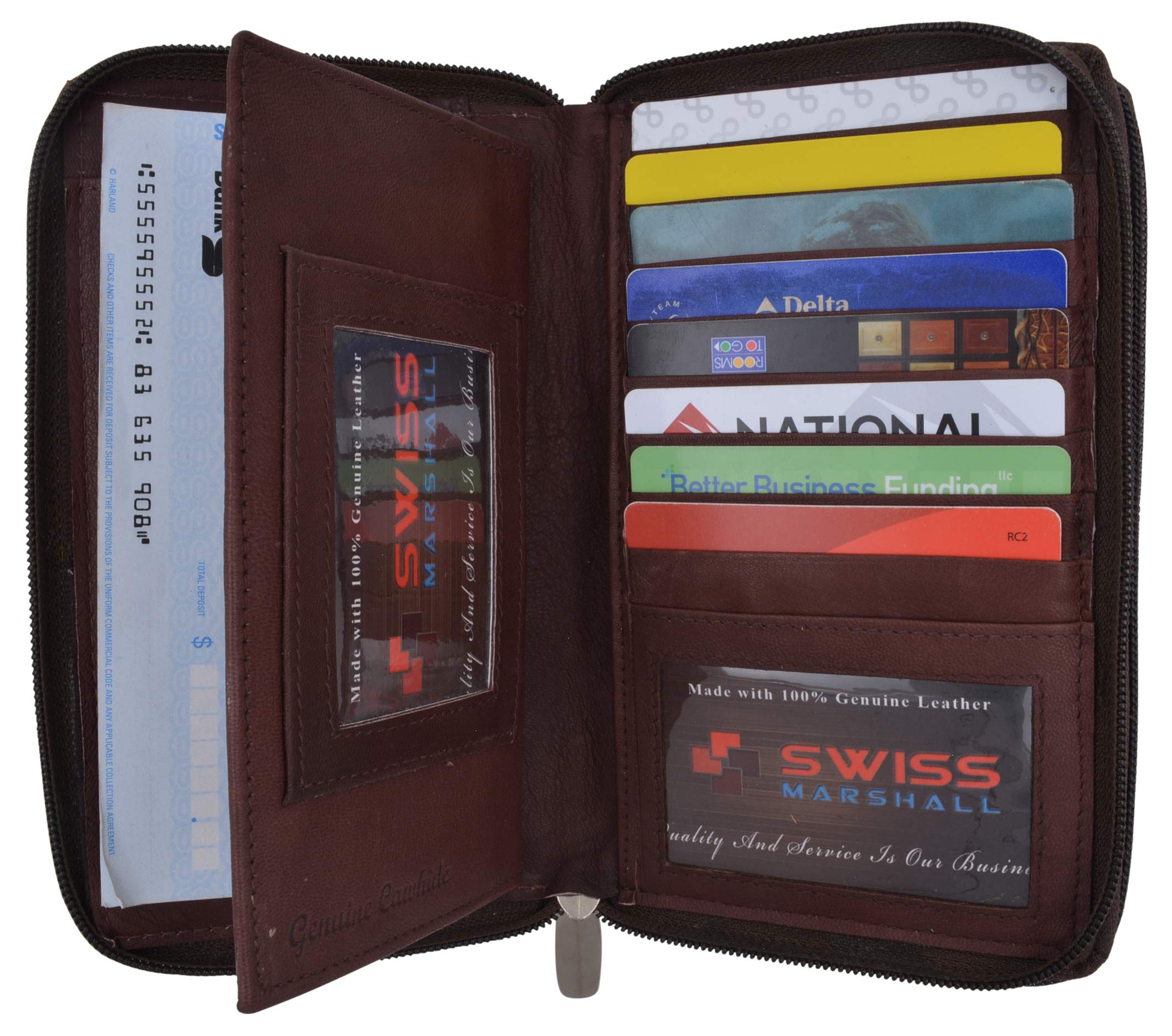 Swiss Marshall Womens Wallet Genuine Leather Double Zip Around Phone Clutch Large Travel Purse Ladies Wallet (Brown)