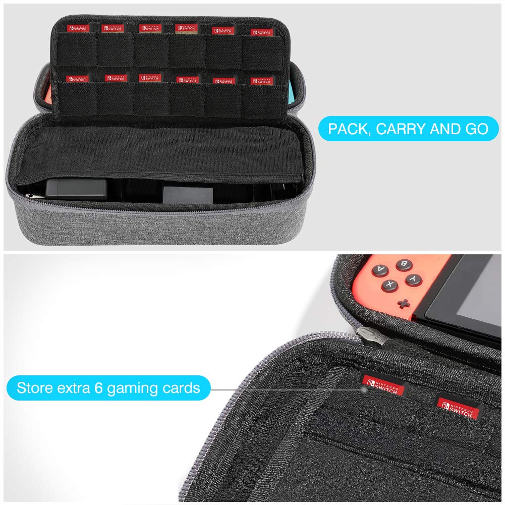 VUP Carrying Case Compatible with Nintendo Switch, Protective Hard Cover Storage Case, Portable Travel Carry Case for Accessories and 18 Game Cartridges, Gray