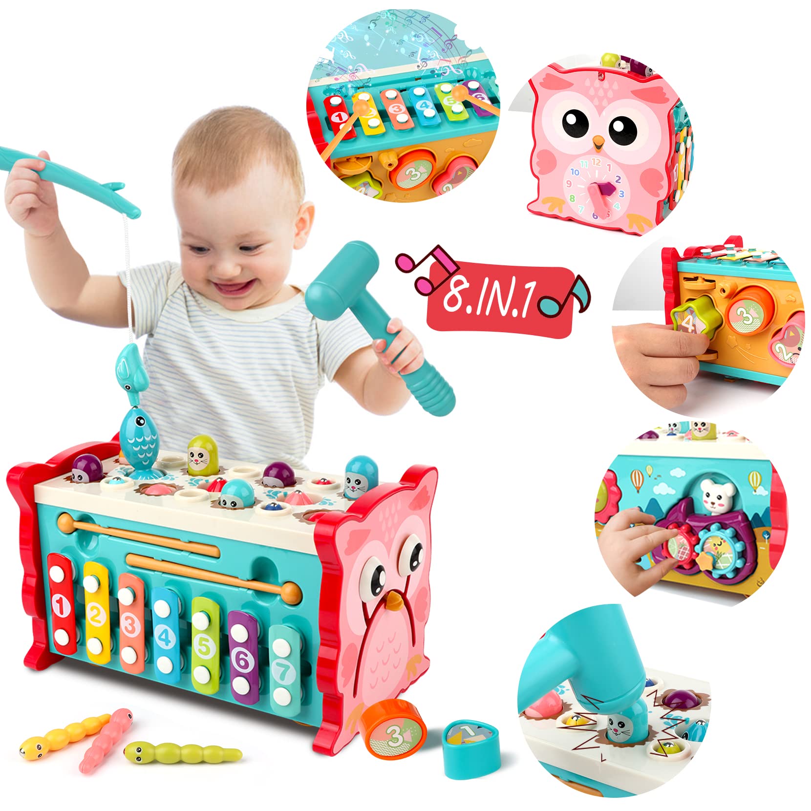 wakeInsa 8 in 1 Toddler Activity Cube,Toddler Montessori Toys,Fine Motor Skills Toys,Xylophone for Toddlers,Whack a Mole Game,Magnetic Fishing Game,Baby Learning Toy,Toddler Sensory Educational Toy