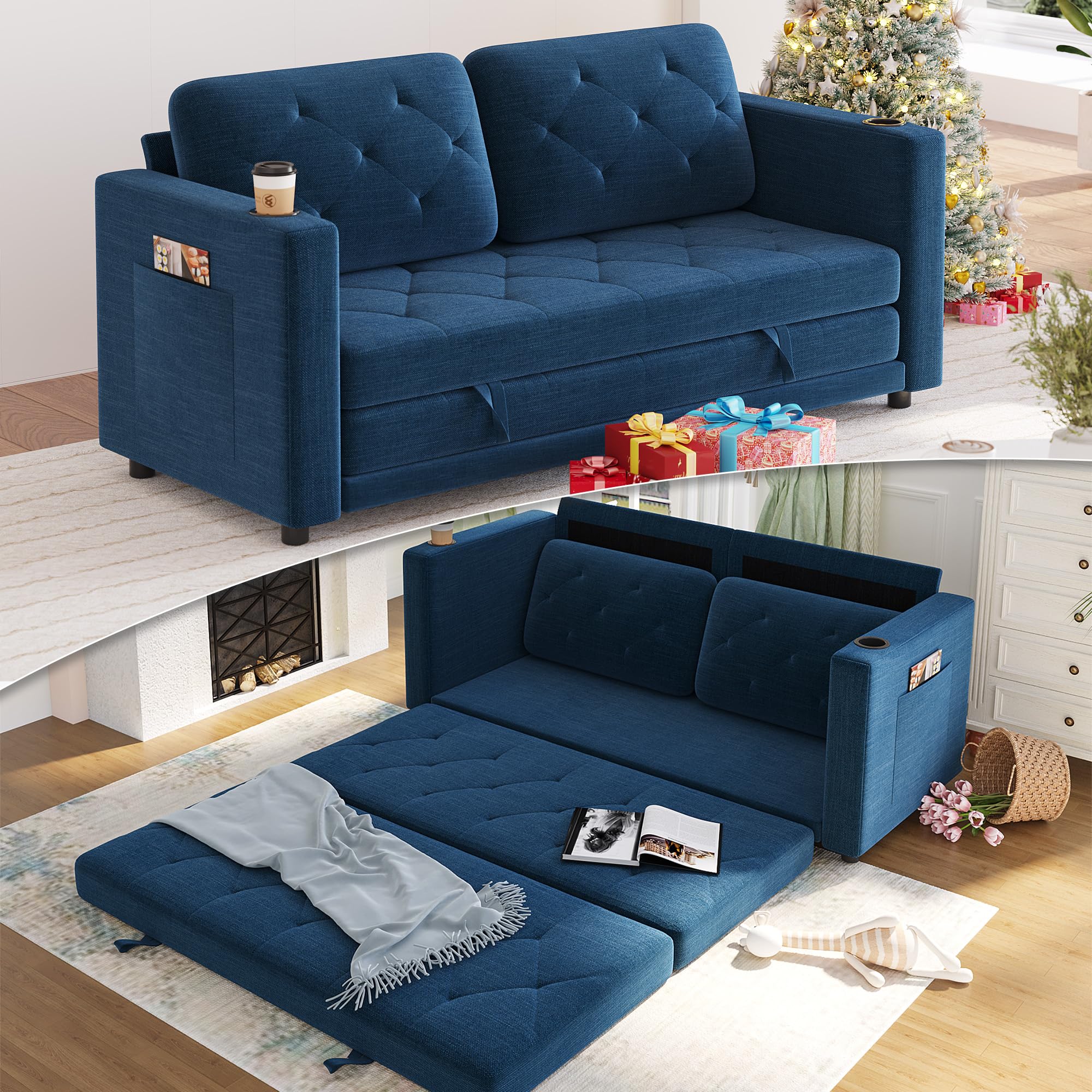 HNEBC Pull Out Sleeper Sofa, Loveseat Futon Sofa Bed with Side Pockets, Convertible Floor Small Couch with Cup Holders, Full Size Folding Couches for Apartments/Living Room (Blue, 72008)