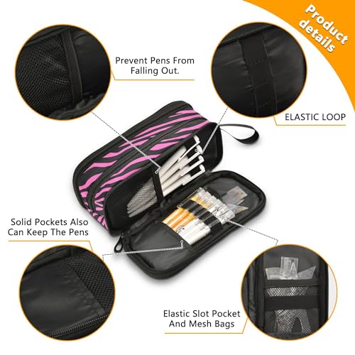 Fisyme Pink Zebra Print Pencil Case Large Capacity Pen Box Makeup Pouch Holder Organizer Stationery Bag for School Office College Adults