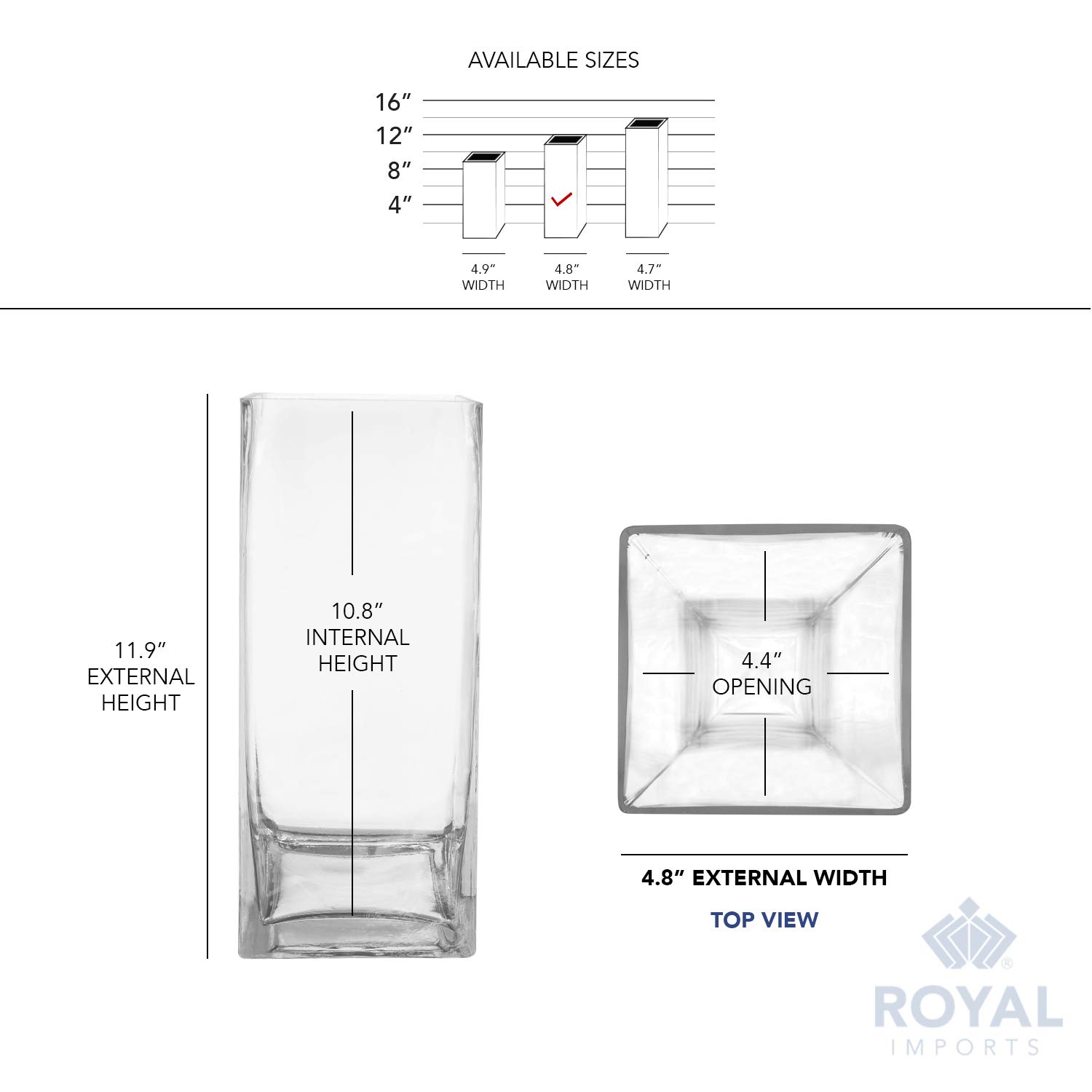 Royal Imports Flower Glass Vase Decorative Centerpiece for Home or Wedding - Tall Rectangle Shape, 12" Tall, 5"x5" Opening