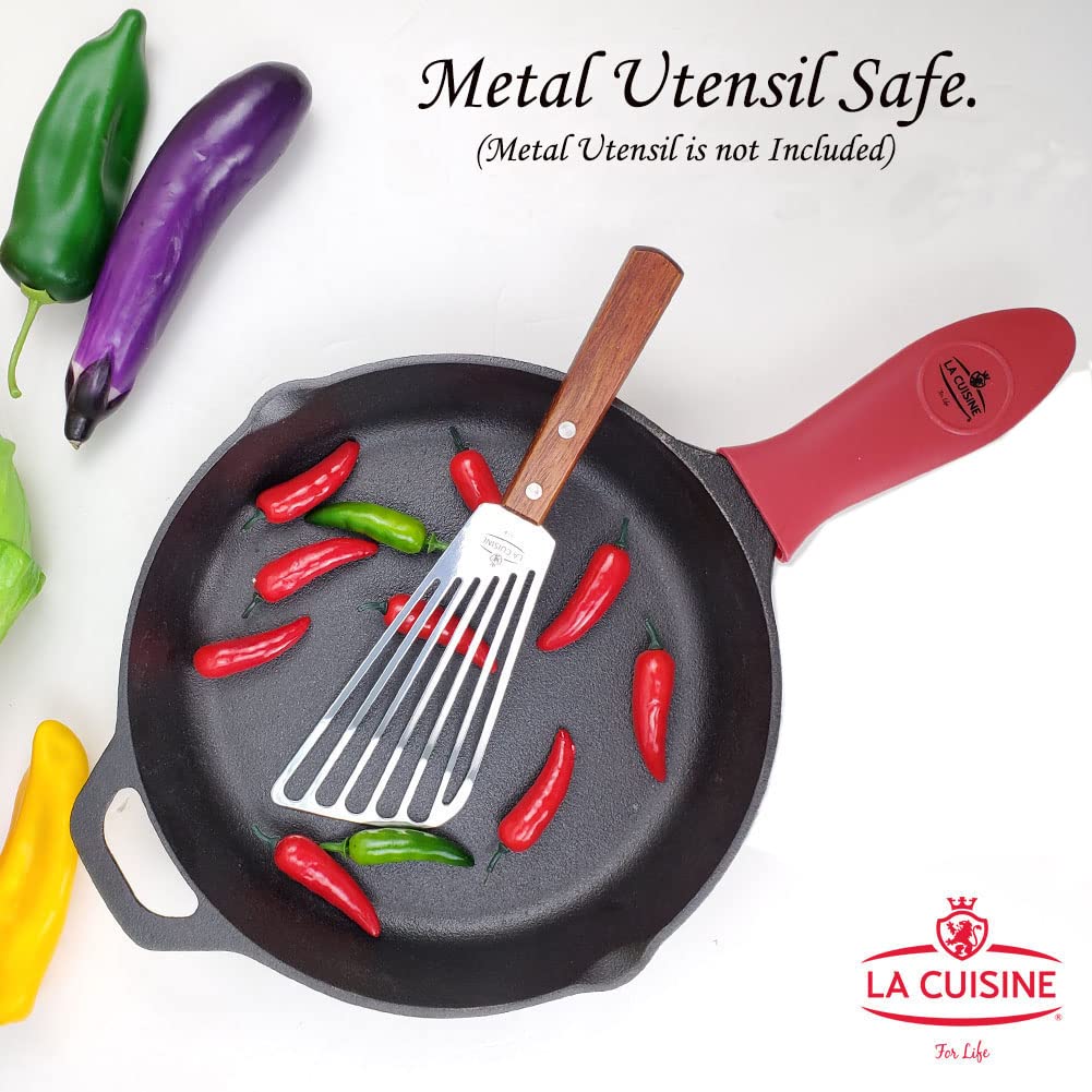 La Cuisine 12 Inch Cast Iron Skillet Frying Pan with Matte Black Enamel Coating Silicone Thermal Resistant Handle Sleeve is included. Ideal for both Indoor and Outdoor, Oven Safe