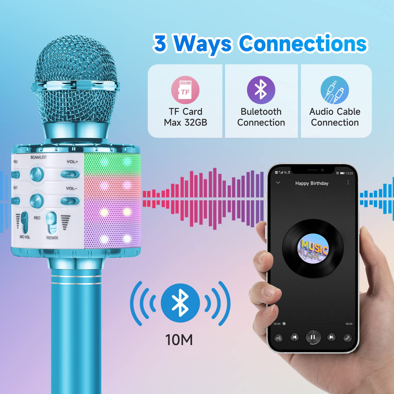 Ecokra Wireless Microphone,Karaoke Bluetooth Microphone with LED Lights 3 in 1 Portable Handheld Wireless Mic Speaker Home KTV Machine Support iOS Android, Microphone Toys Gifts for Kids(Blue)