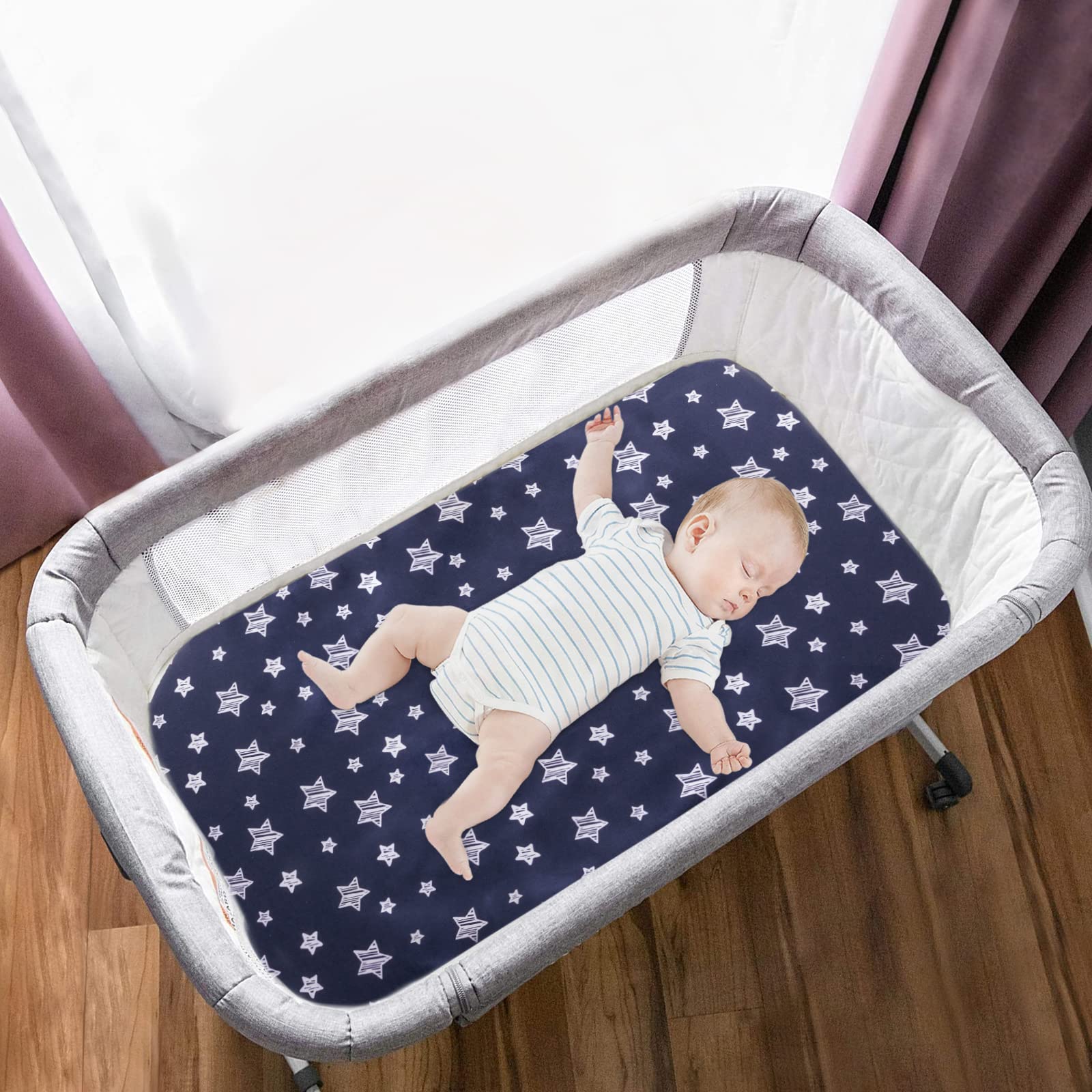 Fitted Bassinet Sheets Set 2 Pack for Baby Boy, Universal Fit for Oval, Hourglass and Rectangular Mattress, Grey&Navy