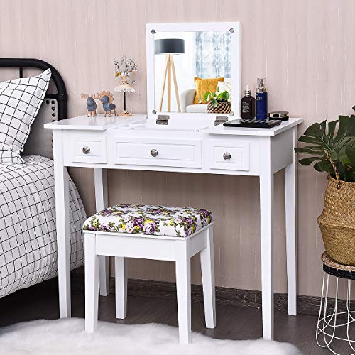 CHARMAID Makeup Vanity Desk with Flip Top Mirror and 3 Drawers, 7 Storage Compartments, White Writing Desk Dressing Table Vanity Set with Cushioned Stool for Kids Girls Women, Easy Assembly