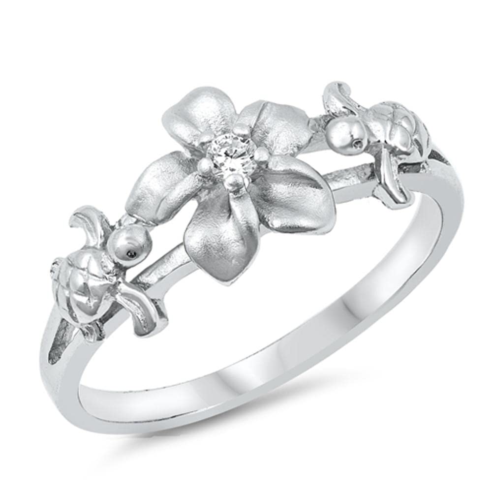 Clear CZ Turtle Hawaiian Tropical Flower Ring Sterling Silver Band Size 8
