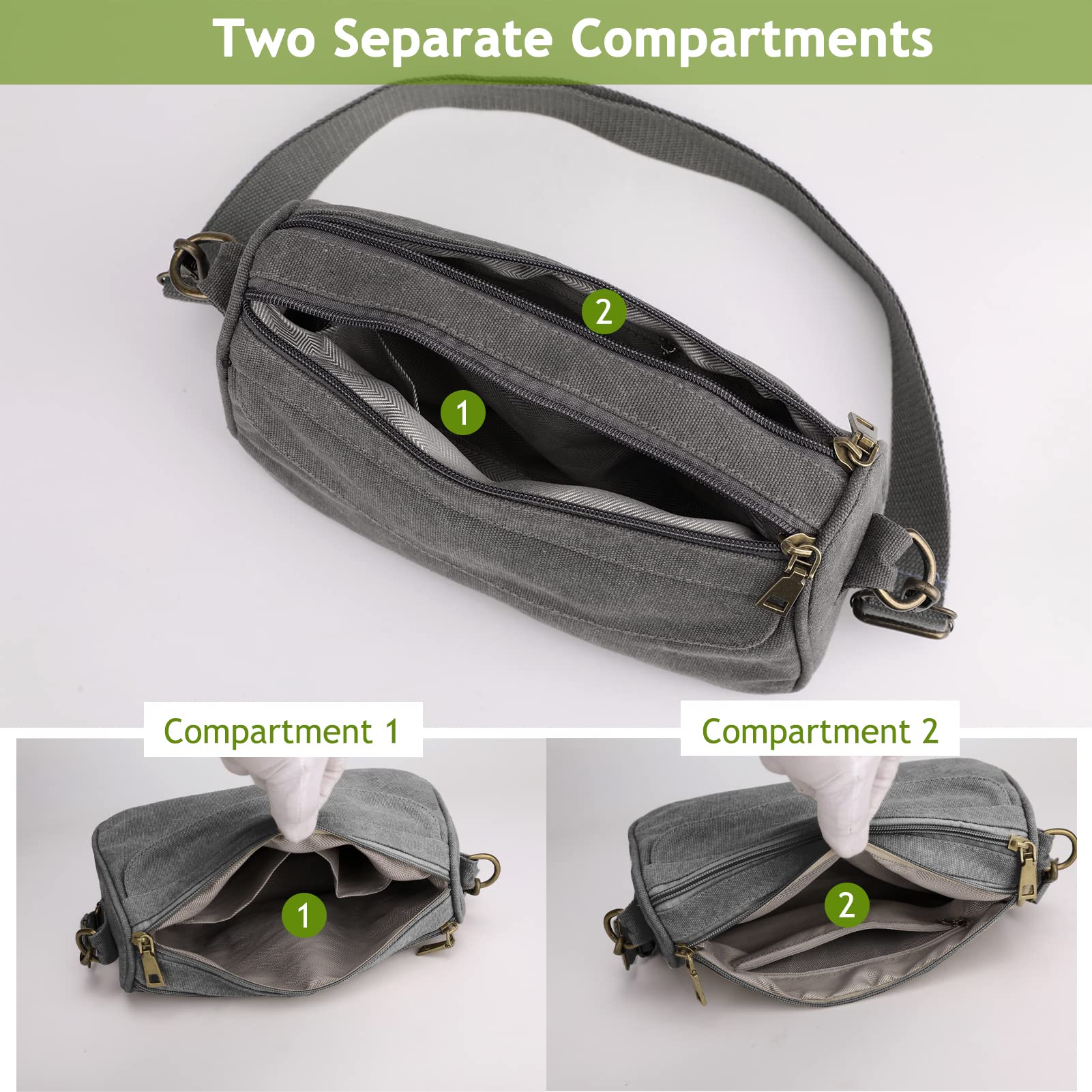 DOURR Women Small Canvas Crossbody Bag Cute Cloth Handbag Cellphone Bags with 2 Compartments (Gray)