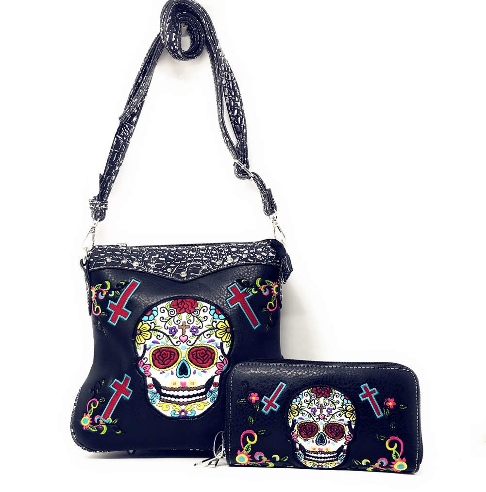 Western Sugar Skull Embroidery Rhinestone Cross Conceal Carry Crossbody Bag Set (Black)