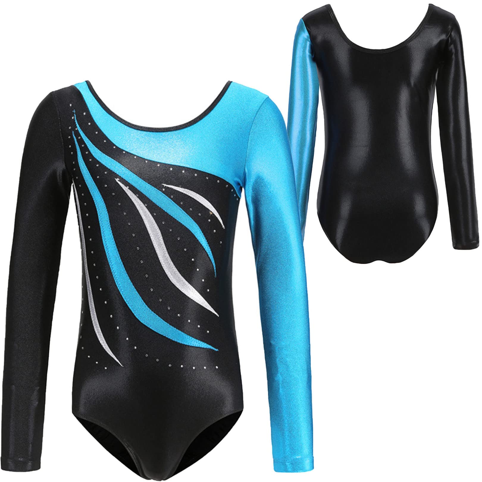 easyforever Girls Sparkle Waves Gymnastics Leotard Long Sleeve Metallic Athletic Ballet Dance Jumpsuit Unitard Bodysuit Light Blue 8-9 Years