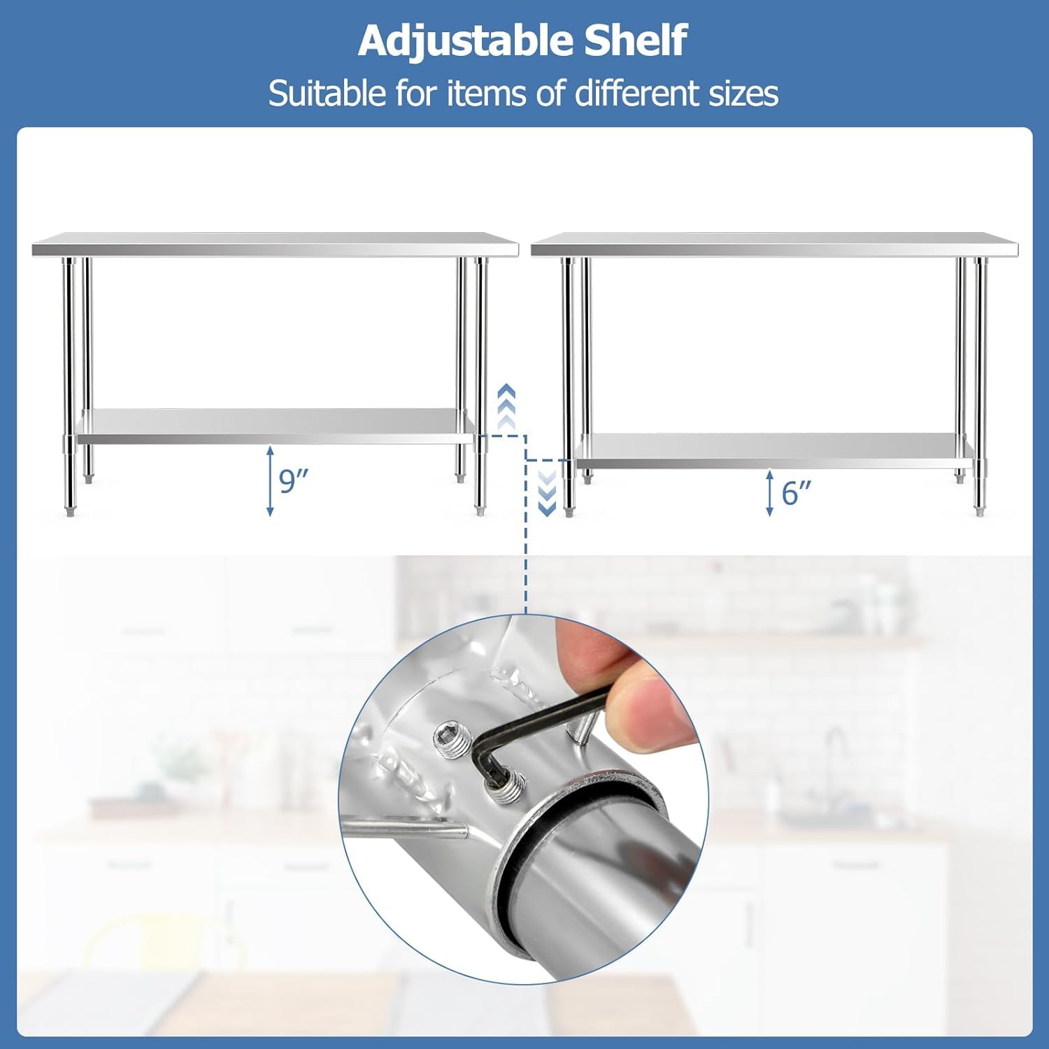 Goplus Stainless Steel Table with Wheels, 60β x 24β Rolling Kitchen Prep Table Work Table with Height Adjustable Under Shelf, Footpads, 900LBS Capacity, Food Prep Metal Table for Commercial Kitchen