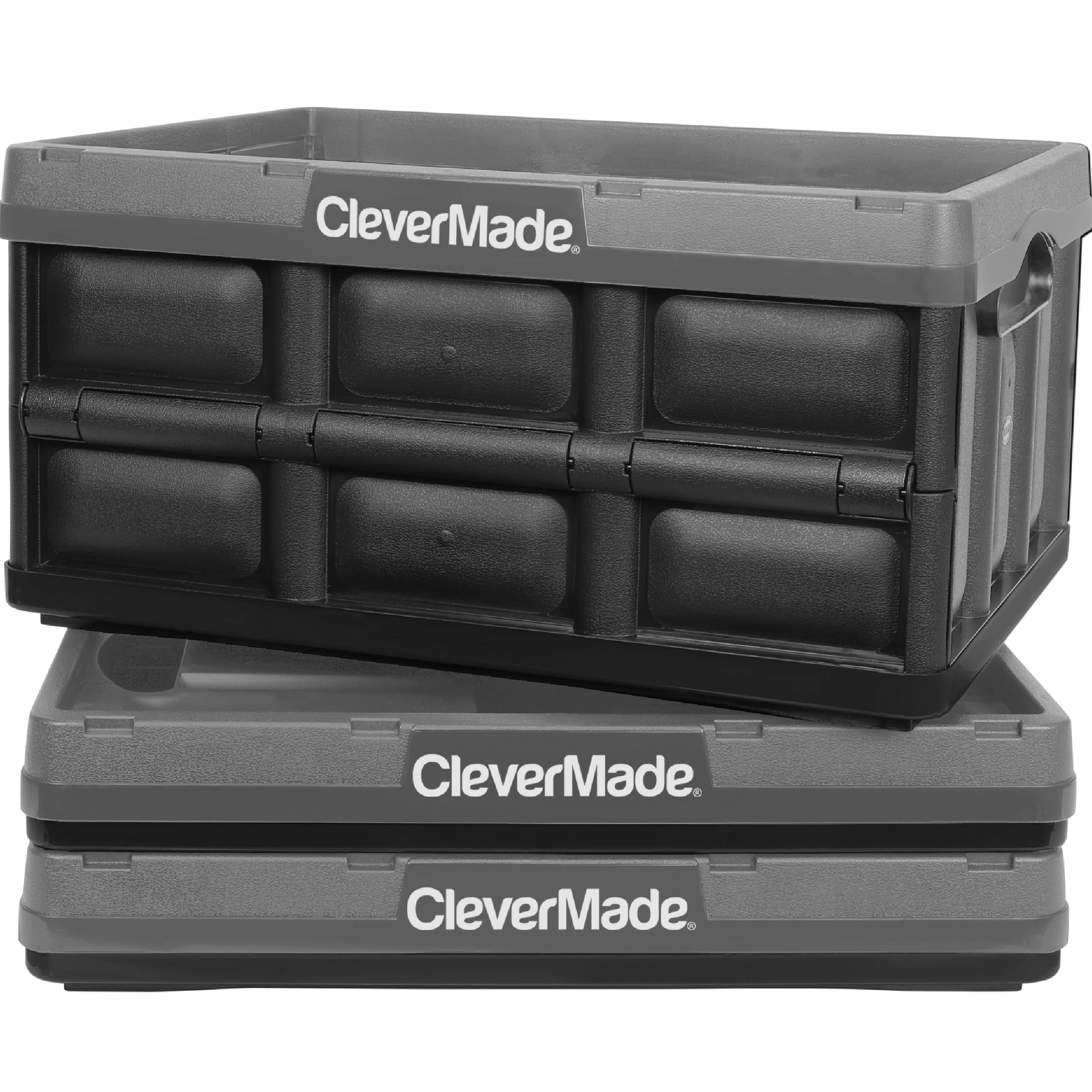 CleverMade Collapsible Storage Bin, Charcoal, 3PK - 32L (8 Gal) Stackable Storage Containers, Holds 66lbs Per Bin - Plastic Storage Bins for Organizing, Closet Storage, Garage Storage