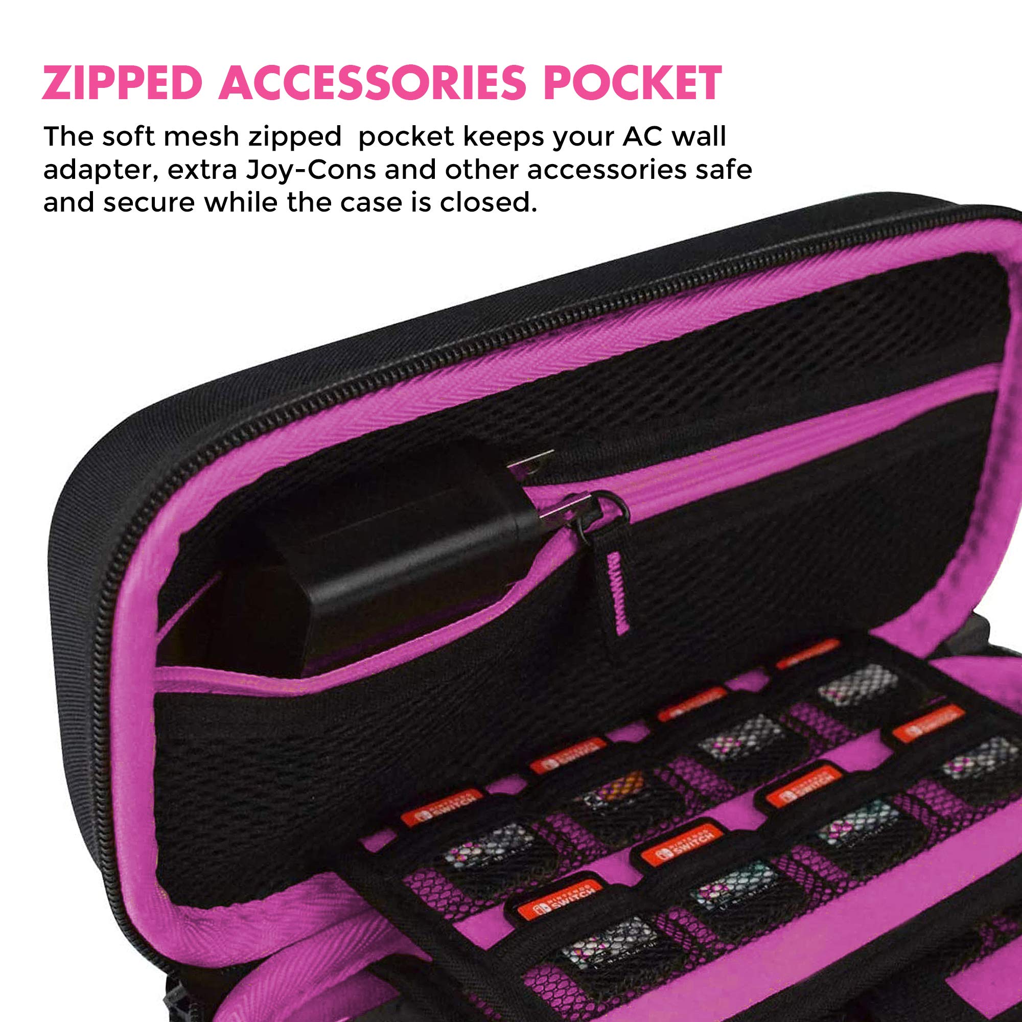 TakeCase Carrying Case Compatible with Nintendo Switch Lite - Includes Pouch That Fits Adapter/Charger, Accessories, and 16 Games Storage - Perfect for Travel - Pink/Black