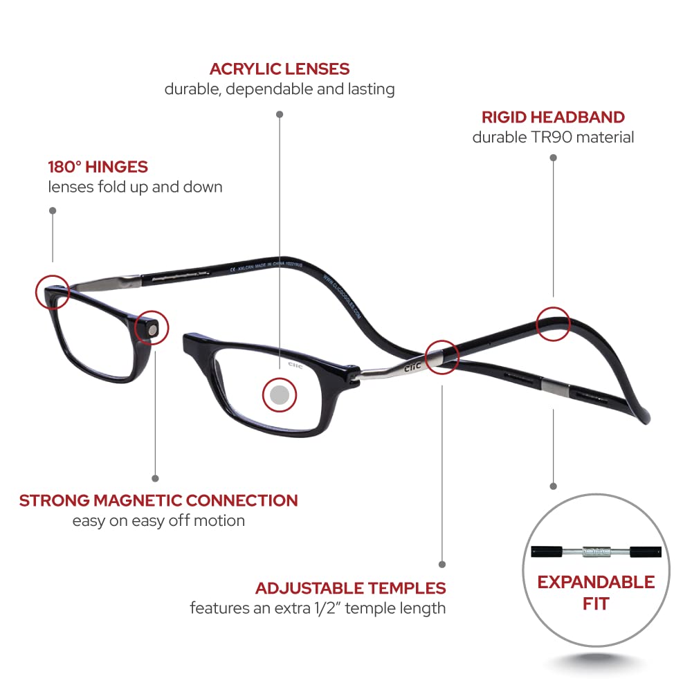 Clic Magnetic Reading Glasses (Expandable), Adjustable Temple Computer Readers, Original Expandable, (M-XL, Black, 1.75 Magnification)