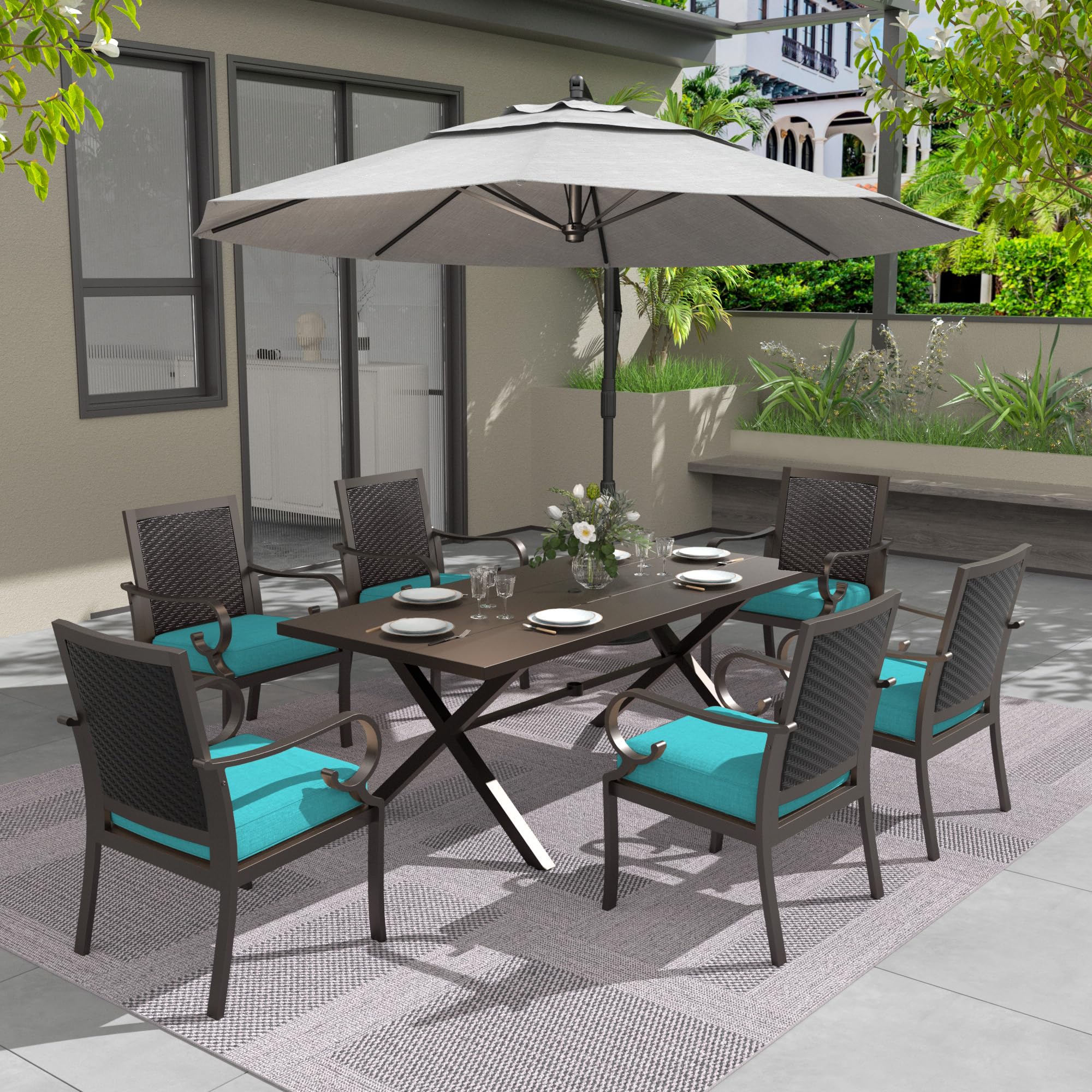 Gotland 7 Piece Outdoor Dining Table and Chairs for 6, Rectangular Patio Dining Table with Umbrella Hole, Modern Outdoor Patio Set, Lawn Garden Outdoor Table and Rattan Chairs