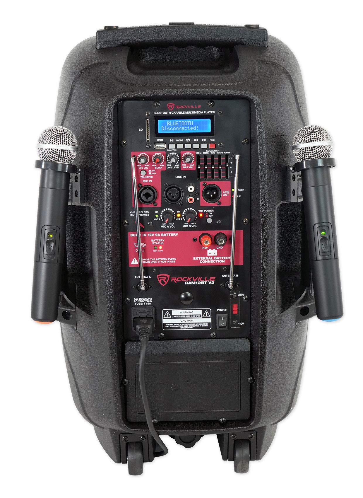 Rockville RAM12BT 12" 600W Rechargeable PA Speaker with Bluetooth, Deep Bass, Includes 2 Wireless Mics, TWS Linking, USB/SD Inputs, - Perfect for Mobile DJ and Musicians, Small Venues, Events