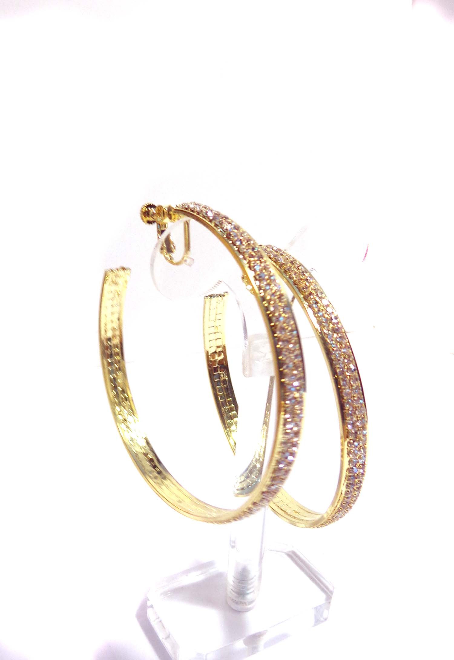 Clip-on Earrings Gold Tone Double Crystal Hoop Earrings 3 Inch Clip Hoop Earrings for Non Pierced Ears