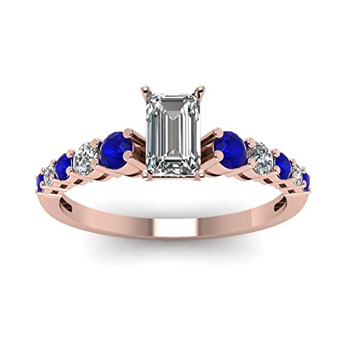 CustomizedGifts Graduated Diamond Engagement Ring rose gold plated Created Blue Sapphire Emerald shape Blue color Petite Engagement Rings prong Setting in Size 5 Fashion Jewelry