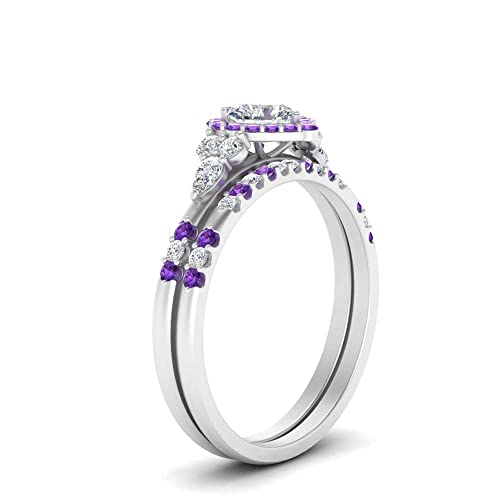 CustomizedGifts Halo Edwardian Wedding Ring And Band sterling silver Natural Amethyst Heart shape purple color Wedding Ring Sets prong Setting in Size 6 Handcraft Chakra Healing