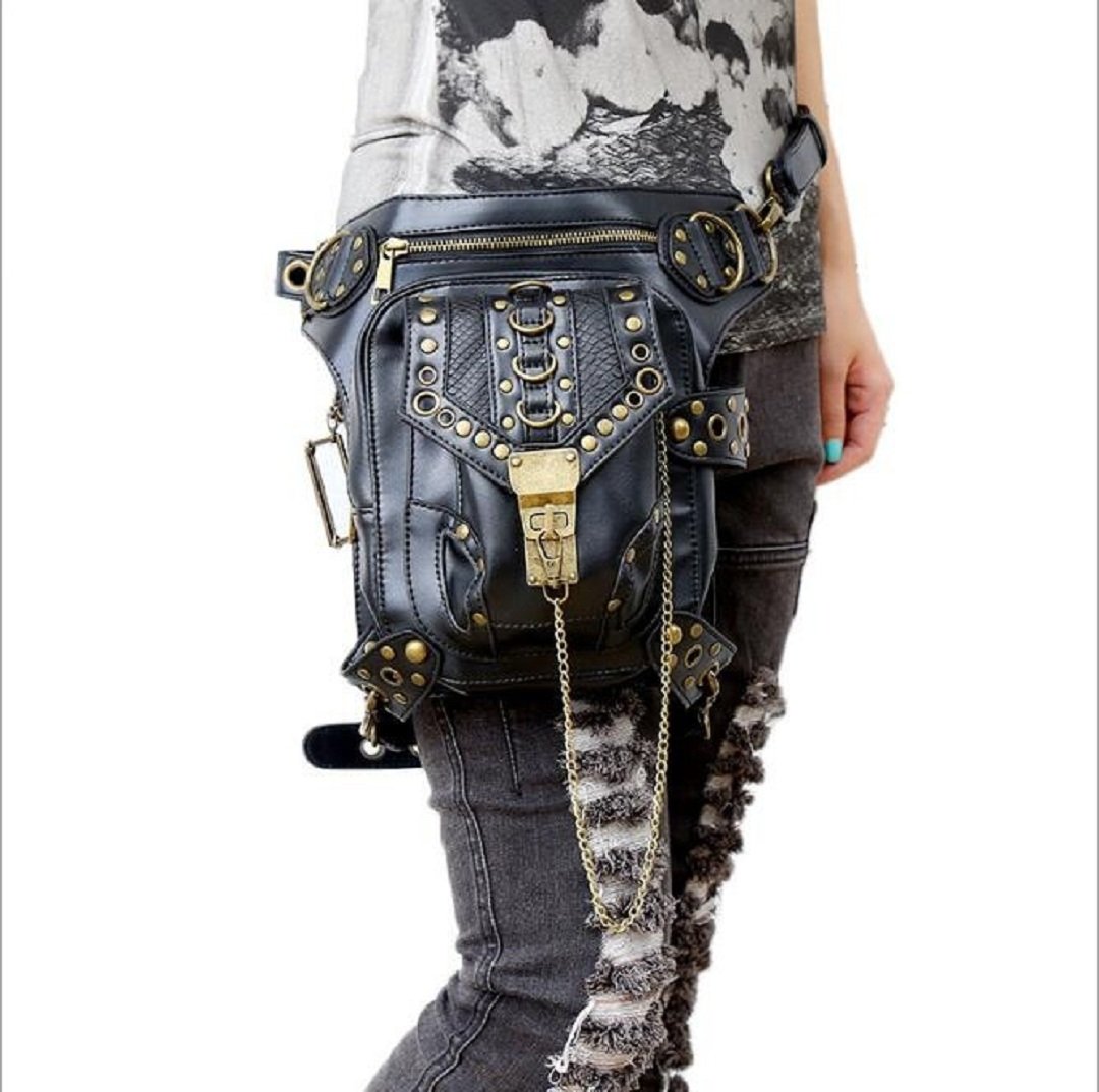 Wendin Rock Leather & Vintage Gothic Retro Steampunk Handbag Victorian Style Shoulder Waist Bag Black