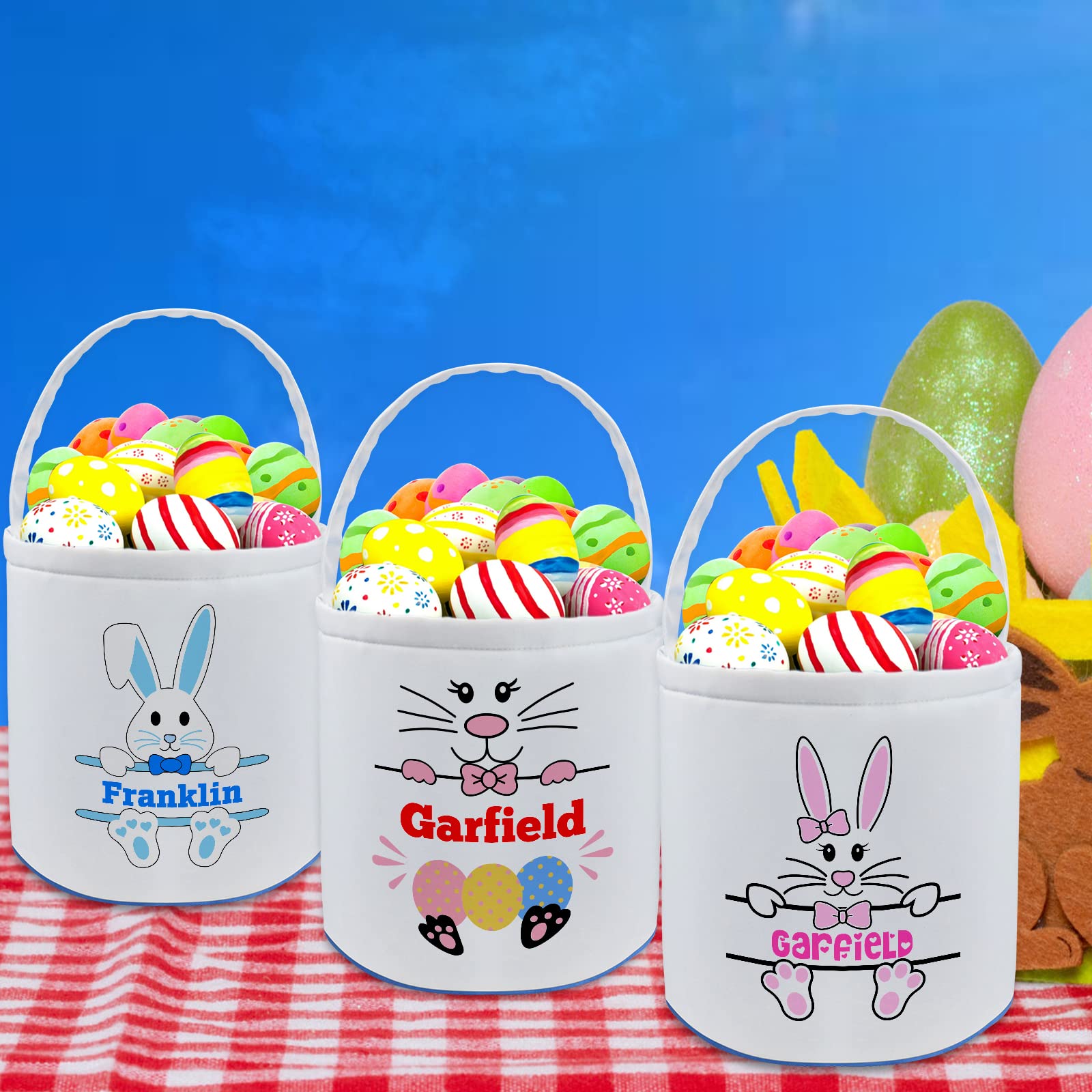 Personalized Easter Baskets for Girls Boys Kids with Name Custom Buny Easter Basket Customized Easter Egg Tote Bags Buckets - Blue